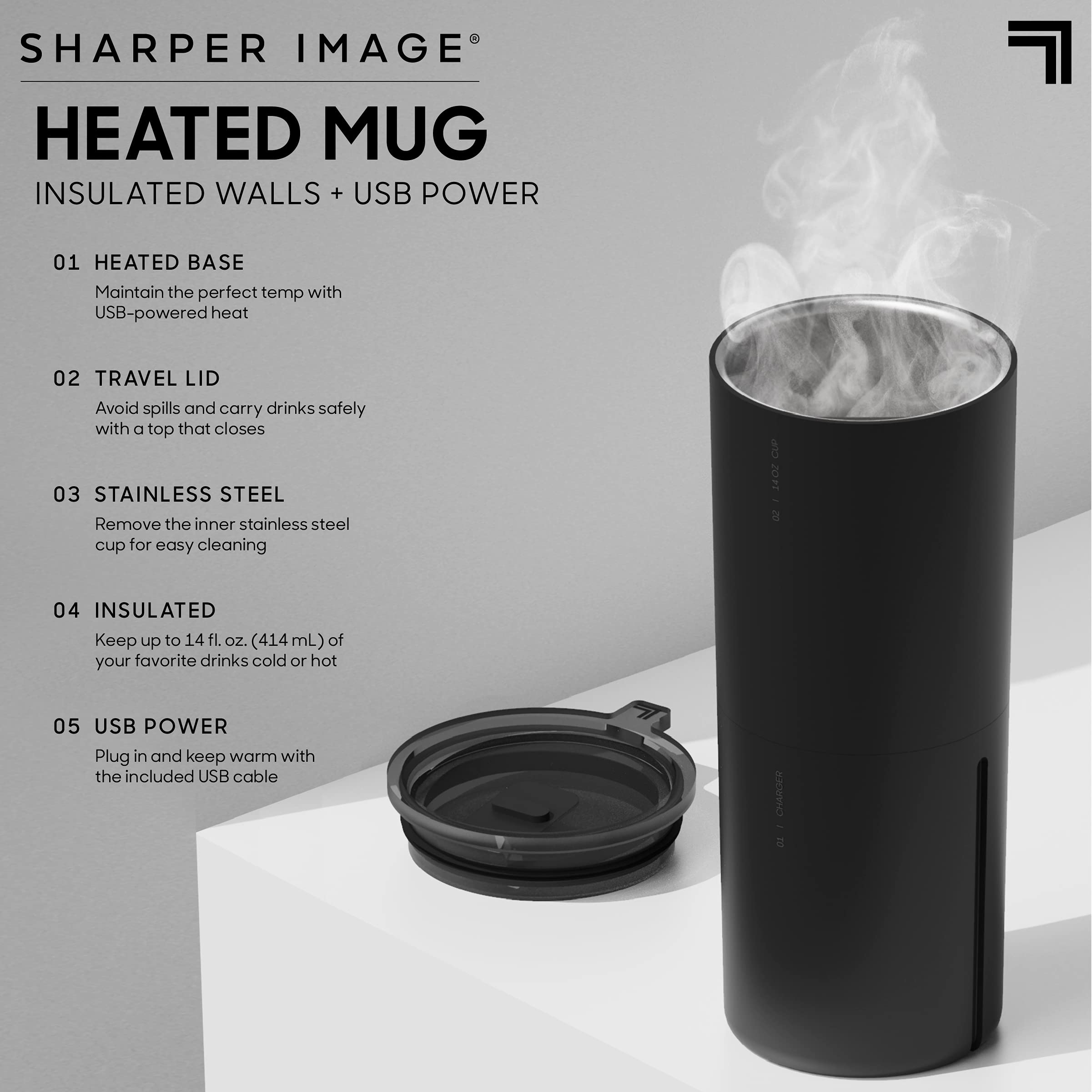 Sharper Image Insulated Heated Travel Mug with USB Power and Stainless Steel