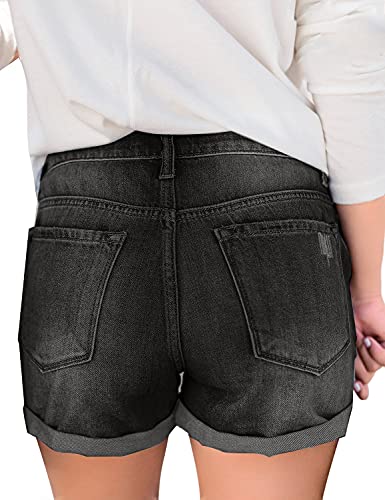 luvamia Women's Stretchy Ripped Denim Shorts High Rise Roll Hem Cut Off Shorts Wise Up Black Shorts Women Black Size X-Large