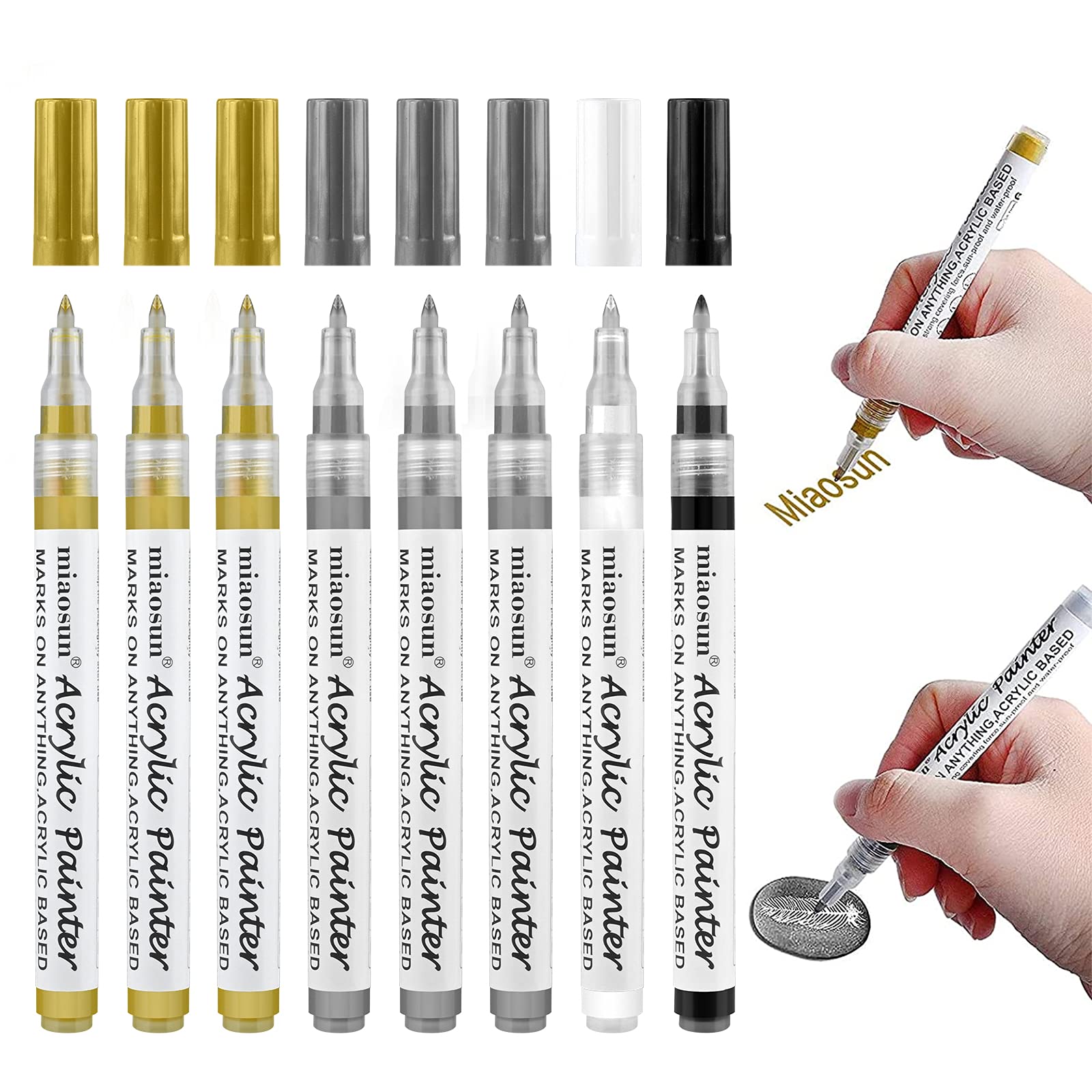 miaosun Acrylic Paint Pens,8 Pack 0.7mm Gold and Silver Metallic Permanent Markers for Wood, Glass, Metal and Ceramic - Water Based(3 Gold 3 Silver 1Black 1White)