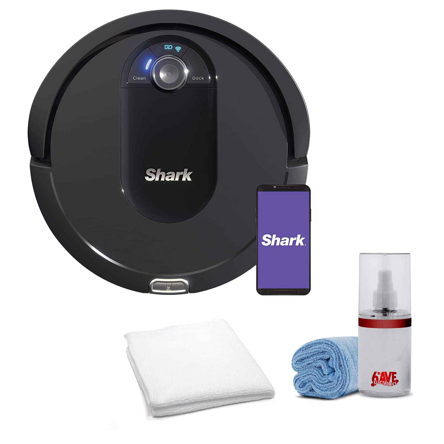 Shark AV993 IQ Robot Vacuum, Self Cleaning Brushroll, Advanced Navigation, Perfect for Pet Hair, Compatible with Alexa, Wi Fi, Black + Towel + Basic Dust Cleaner Spray
