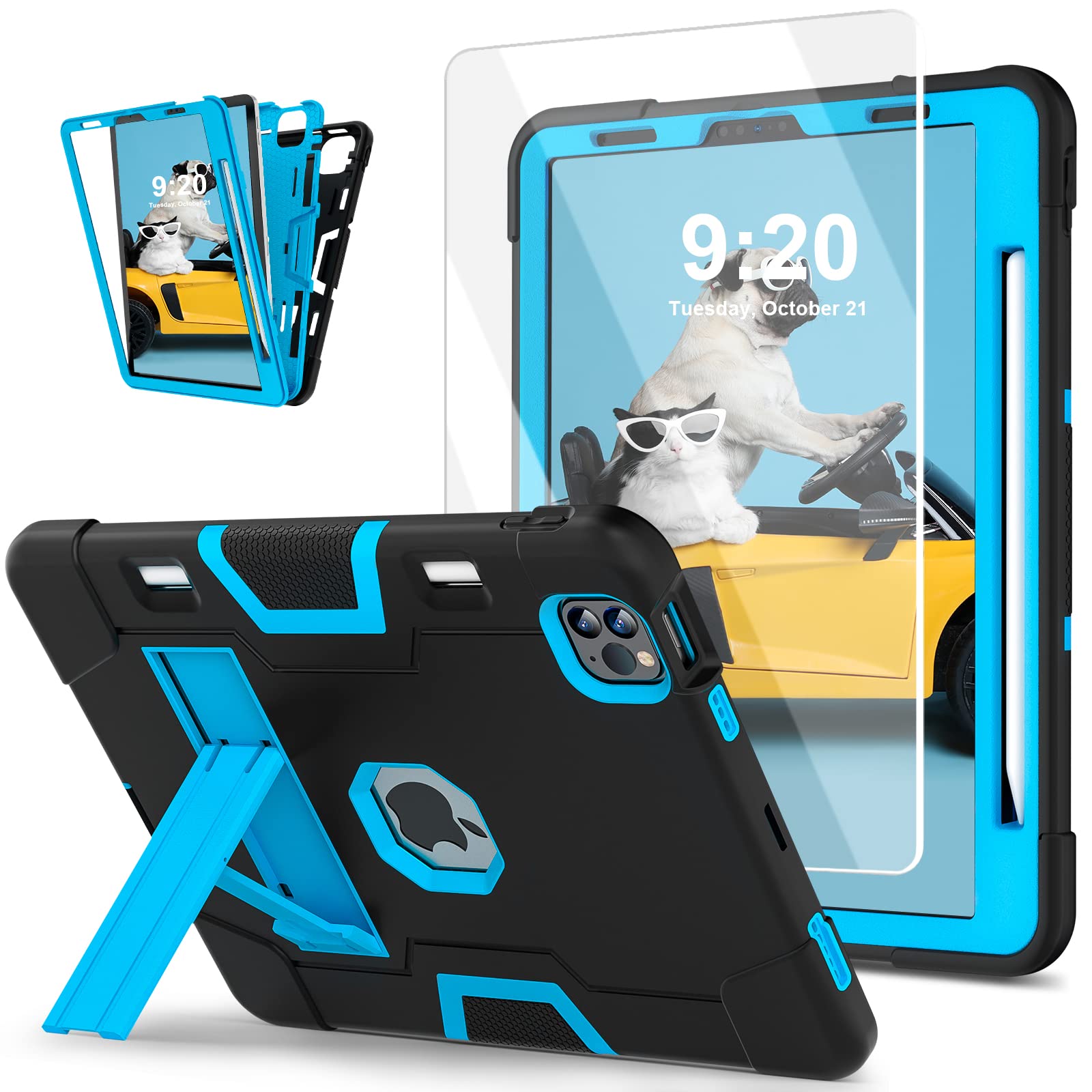 WESOROL Case for New iPad Pro 11 Inch Case 2022(4th Gen)/2021(3rd Gen)/2020(2nd Gen) with Pencil Holder,iPad 10.9 Case with Screen Protector,4 in 1 Heavy Duty Shockproof Case for iPad Air 5/4 Case