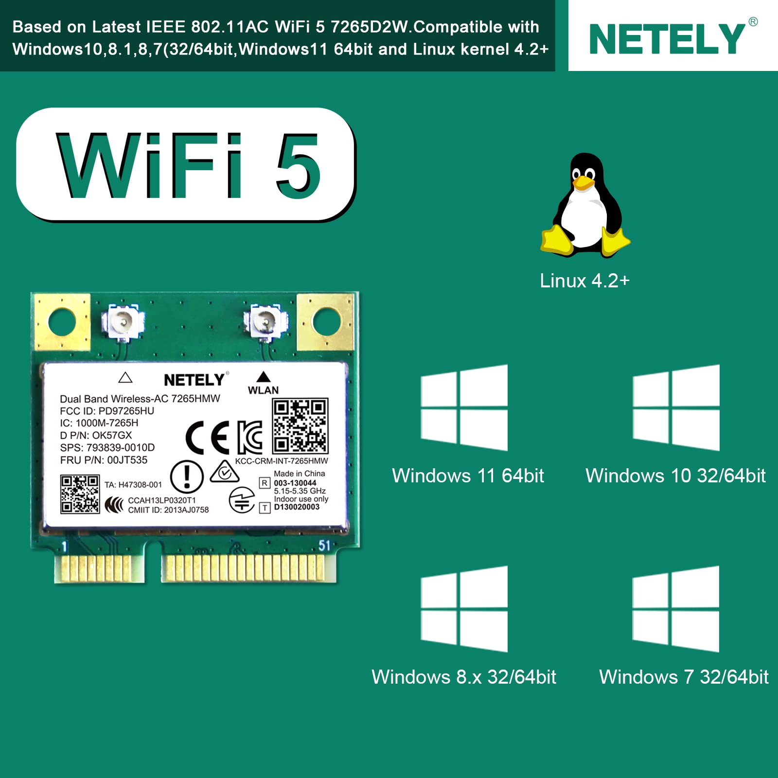 NETELY Wireless-AC 7265HMW Mini-PCIE Interface 1200Mbps WiFi Adapter with Bluetooth 4.2 for Windows 7,8.1,10,11 Laptop PCs and Desktop PCs, 2.4GHz 300Mbps & 5GHz 867Mbps, Intel Wireless-AC 7265D2W