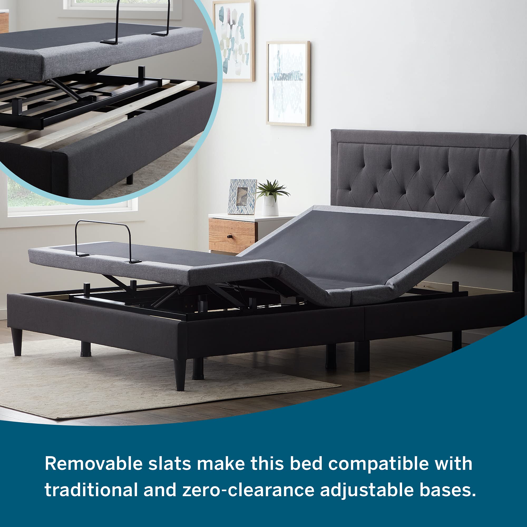 LUCID Upholstered Platform Bed Frame with Headboard– No Box Spring Needed – Queen Size – Pearl