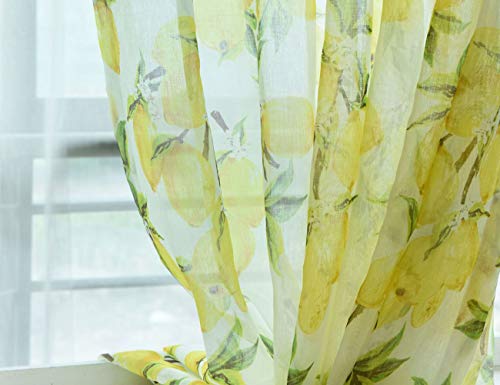 Molaxhome Linen Valances for Windows 52x18 inch, Tie Up Printed Valances Rod Pocket 1 Panel for Kitchen Bathroom Bedroom(Yellow Lemon, Sheer)