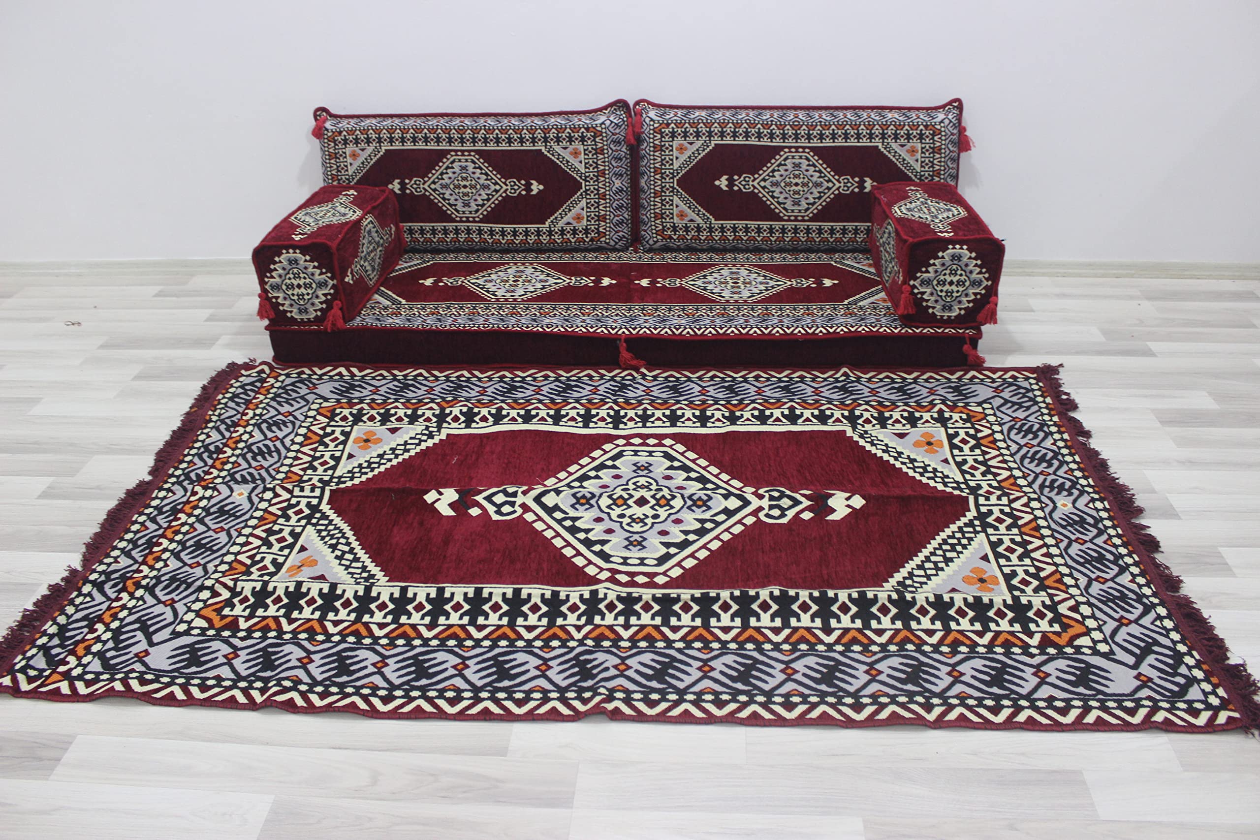 Vintage Style Single Sofa Set, Arabic Sofa Set, Floor Cushions, Arabic Seating Floor Sofa, Backrest Pillows, Moroccan Sofas, Arabic Jalsa (Sofa + Rug)