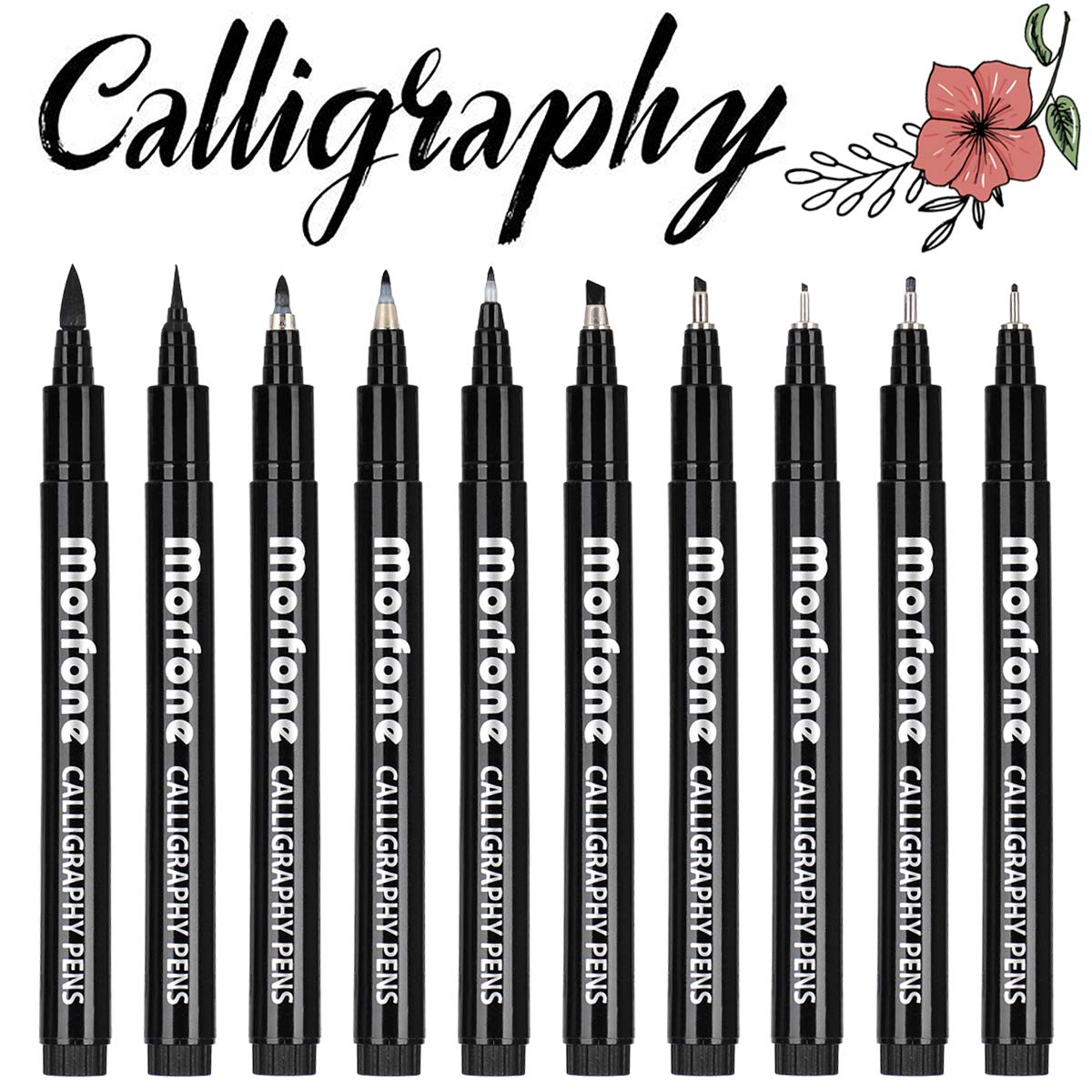 Morfone 10 Size Hand Lettering Pens Calligraphy Brush Pens Black Ink Markers Set Art Kit for Beginners, Hand Writing, Drawing, Sketching, Journaling, Illustrations