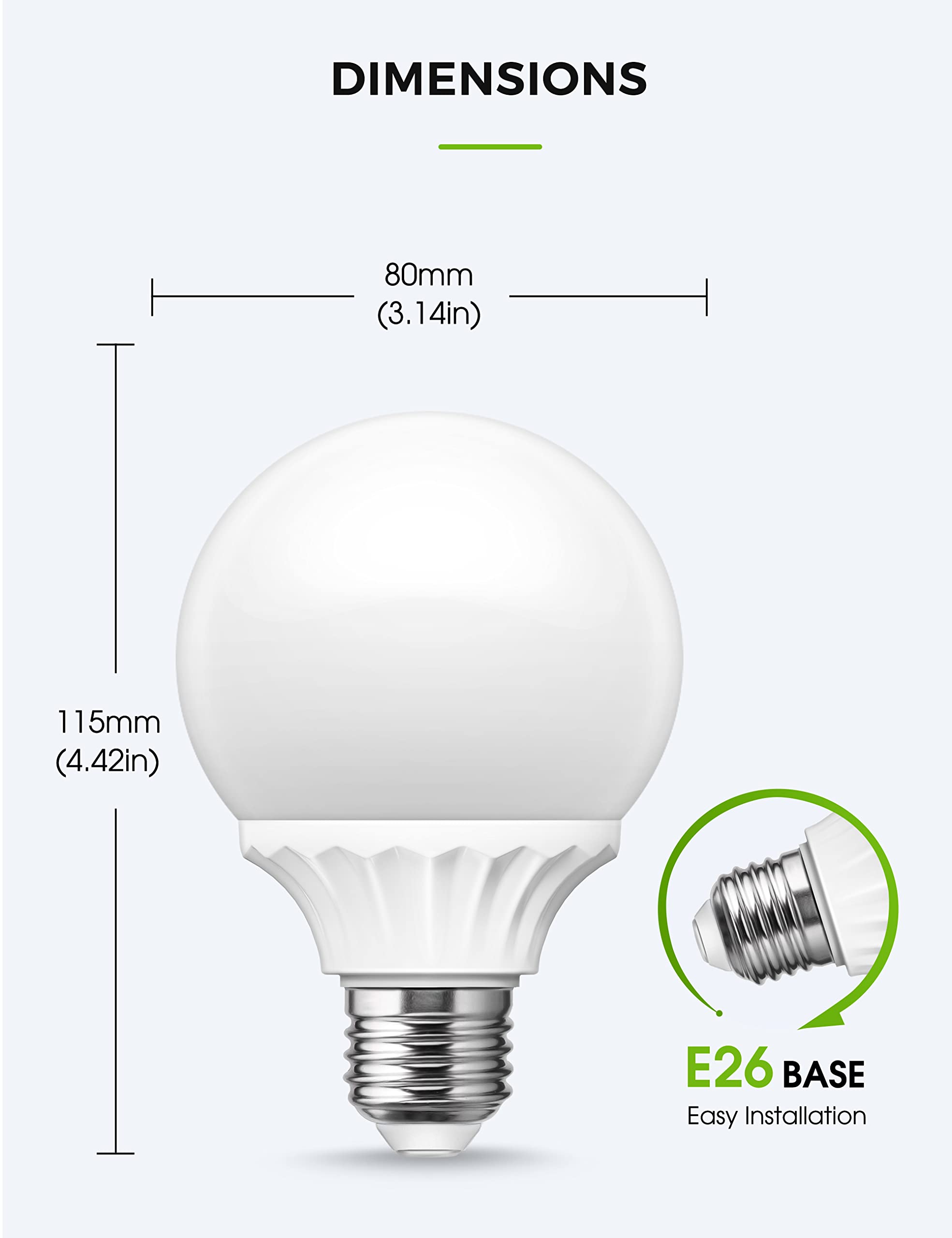 LOHAS G25 Globe Light Bulbs, LED Vanity Lights 40-45W Equivalent, Bathroom Round Light Bulb, E26 Edison Base Lamp for Bathroom Makeup Mirror Home Lighting, Non-Dim, 6 Pack