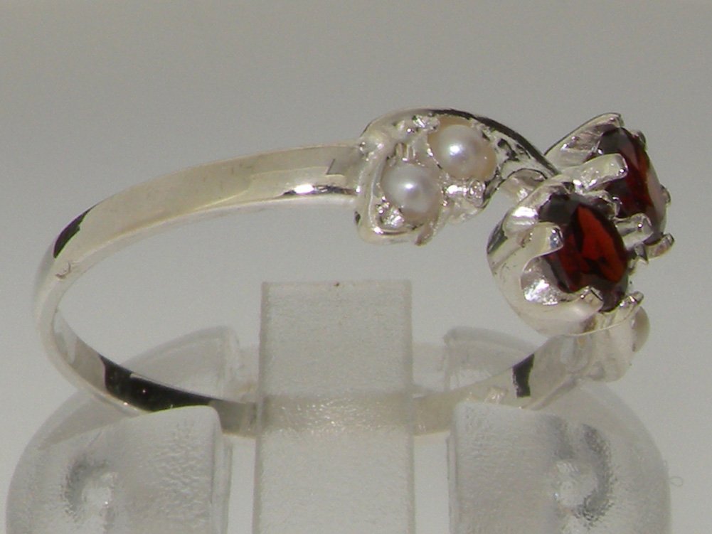 LetsBuyGold 925 Sterling Silver Natural Garnet and Cultured Pearl Womens Band Ring - Sizes 4 to 12 Available