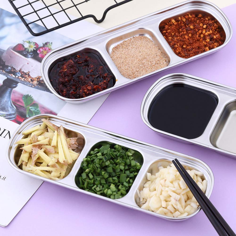 Stainless Steel Sier Sauce Dish Seasoning Dish Snack Plate Divided Food Dipping Bowl Kitchen Tableware for Salt Vinegar Sugar(3 Grids)