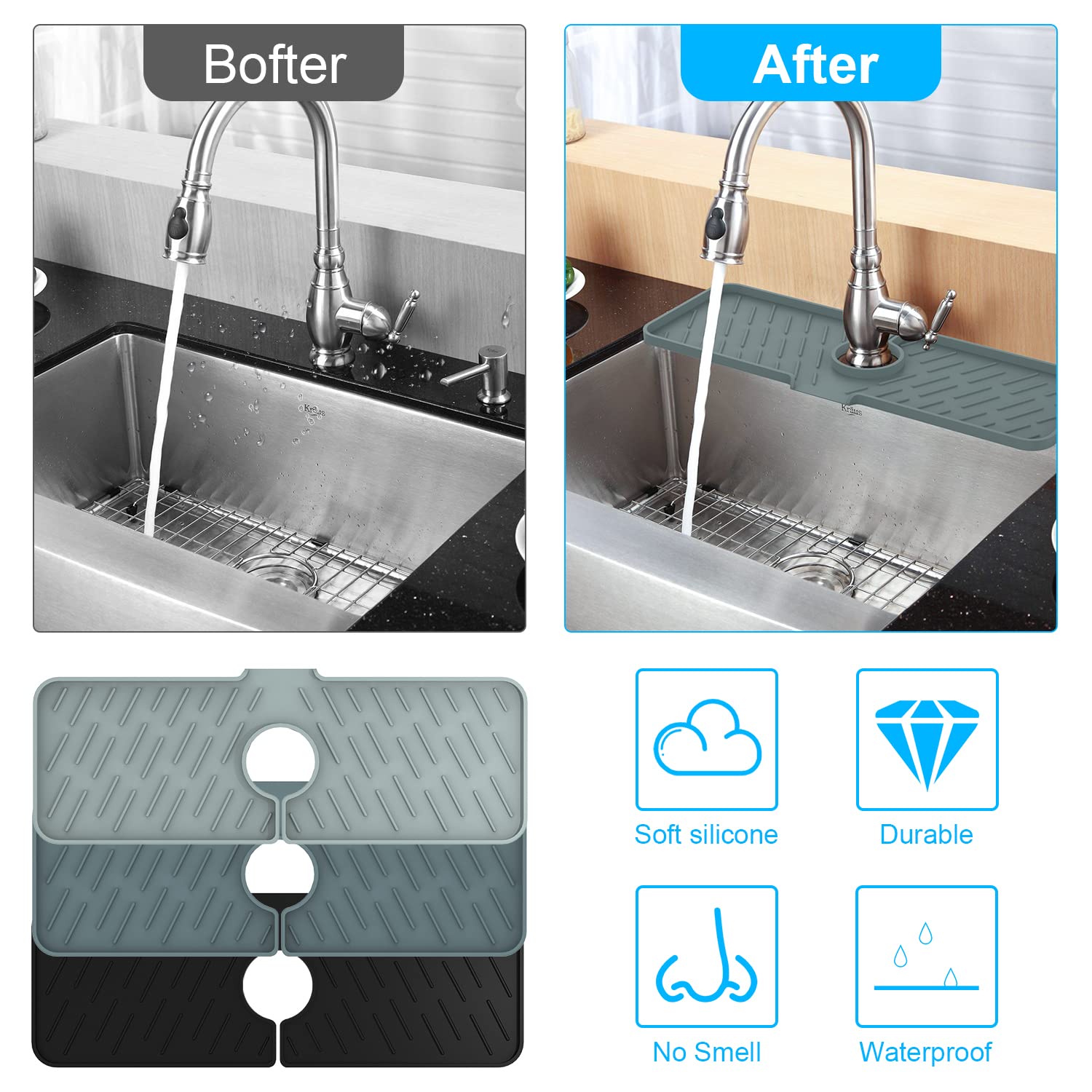 Silicone Faucet Splash Guard, 18” x 6.3” Faucet Water Catcher Mat, Longer Silicone Sink Mat, Faucet Handle Drip Catcher Tray Mat for Kitchen Countertop and Bathroom Sink Protectors (Dark grey)