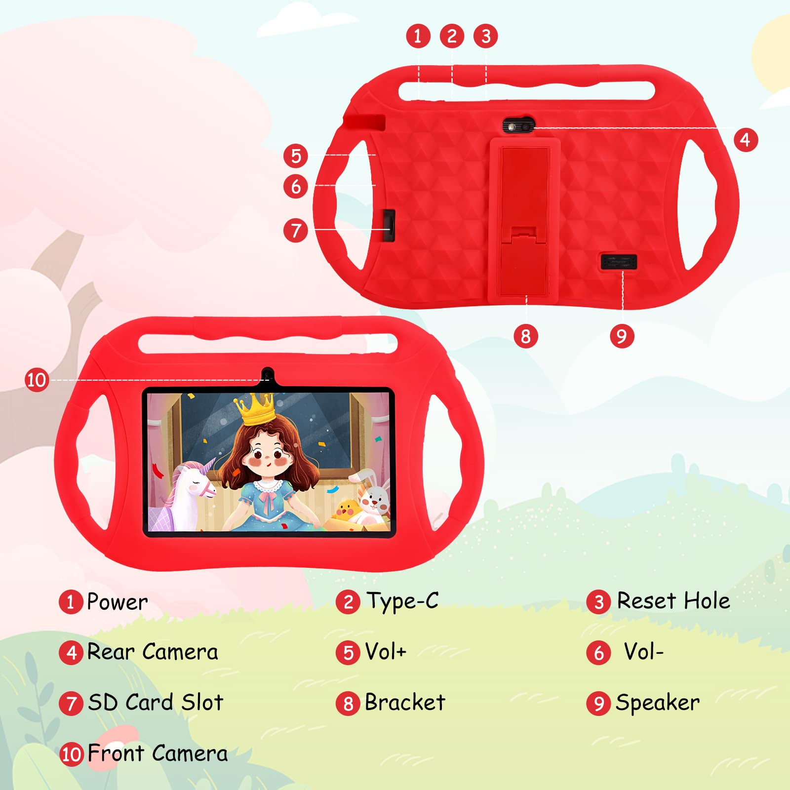 Veidoo Tablet for Kids, 7 inch Android Toddler Tablet, 32GB Storage, WiFi Dual Camera, Kids Content Google Plays, Parental Control, Kid-Proof Case (Red)