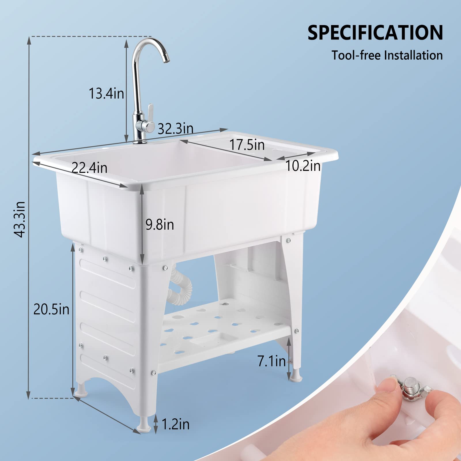 VINGLI Utility Sink Laundry Tub for Washing Room, Freestanding Utility Sink with Stainless Steel Faucet, White, 32.3"W x 22.4" D x43.3"H(Include Faucet)