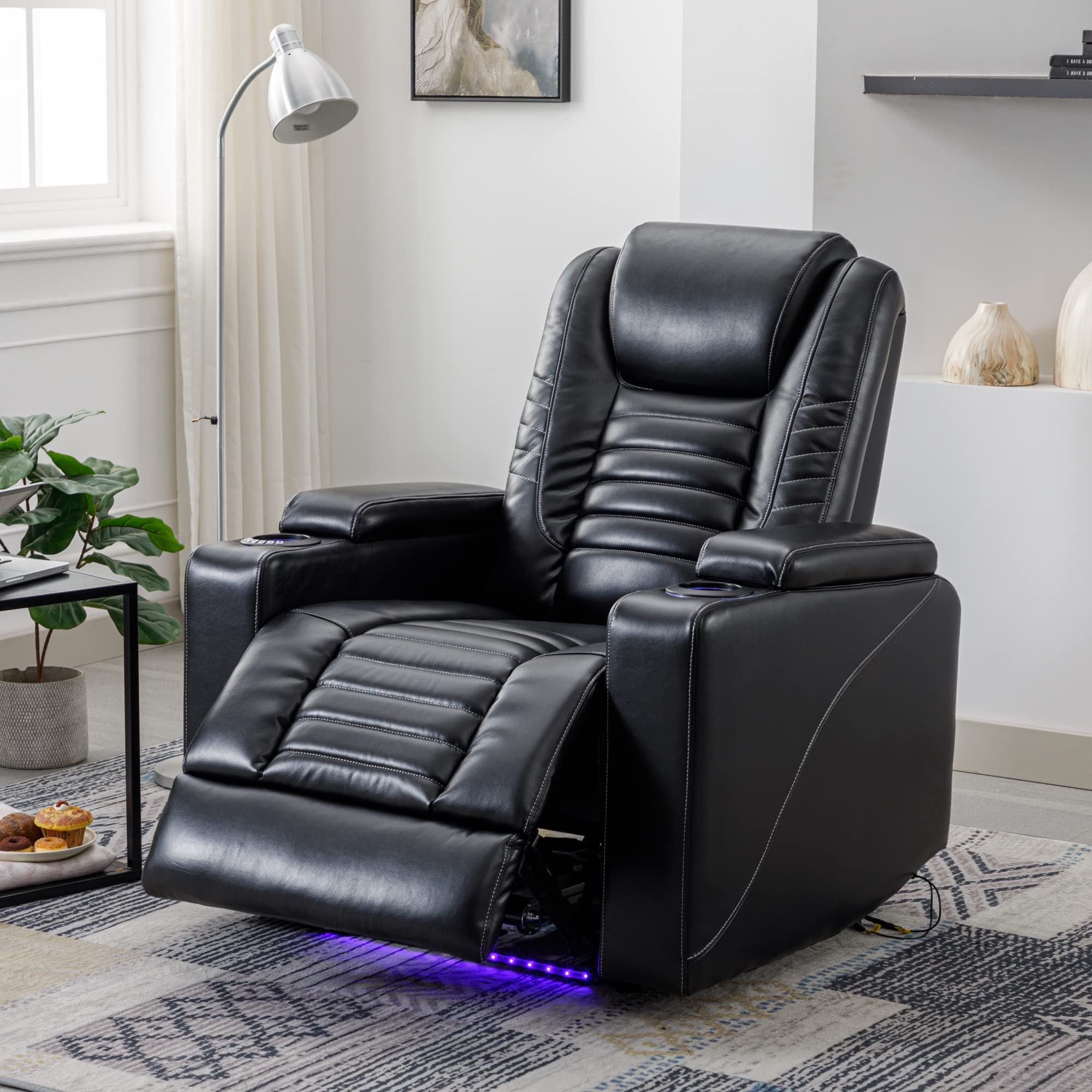 Merax Home Theater Seating,Power Motion Recliner Living Room Furniture with Adjustable Headrest Hidden Arm Storage LED Lighting, Black