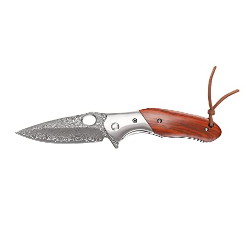 STANBIK Damascus Pocket Knife with Sheath,3.1 inch Damascus Steel Folding Knife,Sandalwood Handle,EDC Pocket Knives for Hiking Camping.