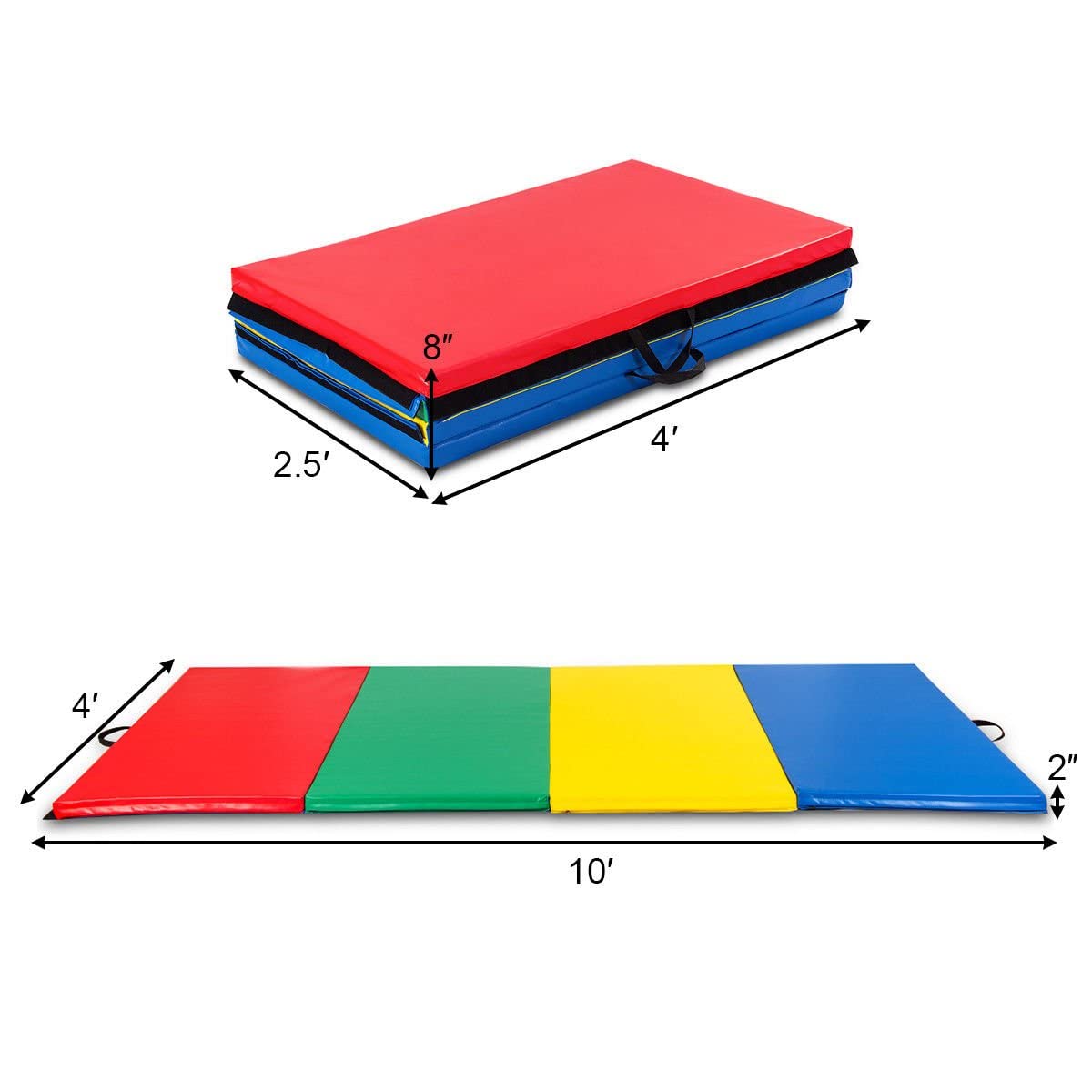 MAT EXPERT 4'x10'x2" Gymnastics Mat Thick Folding For Tumbling Exercise Gym Fitness Mat with Hook & Loop Fasteners (Multicolor)