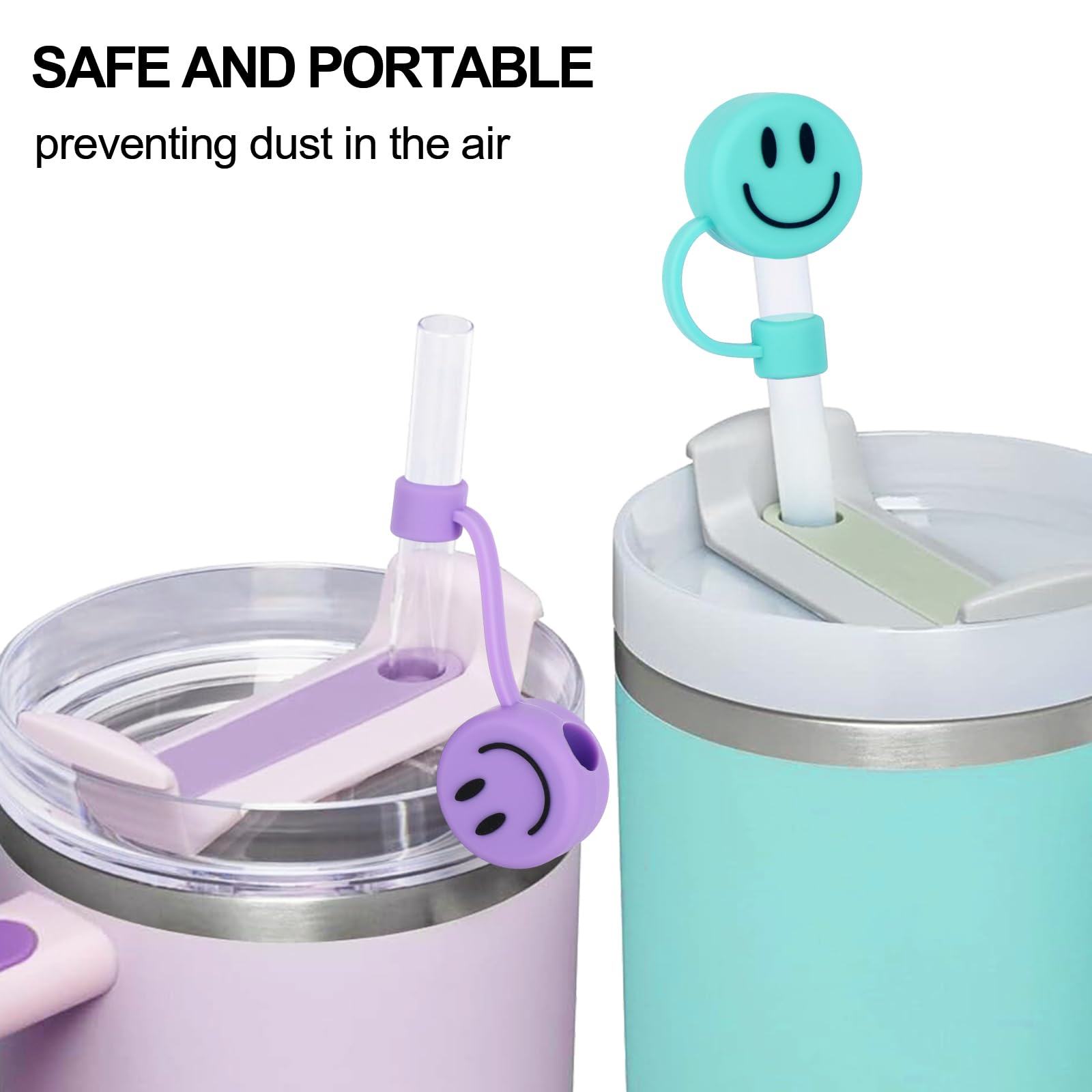 Whaline 4Pcs Smile Face Straw Covers Silicone Reusable Straw Topper Double Sided Pattern Straw Tip Covers 10mm 0.4 Inch for 30 & 40 OZ Tumbler with Handle(Pink,Purple,Mint Green,Cream Color)
