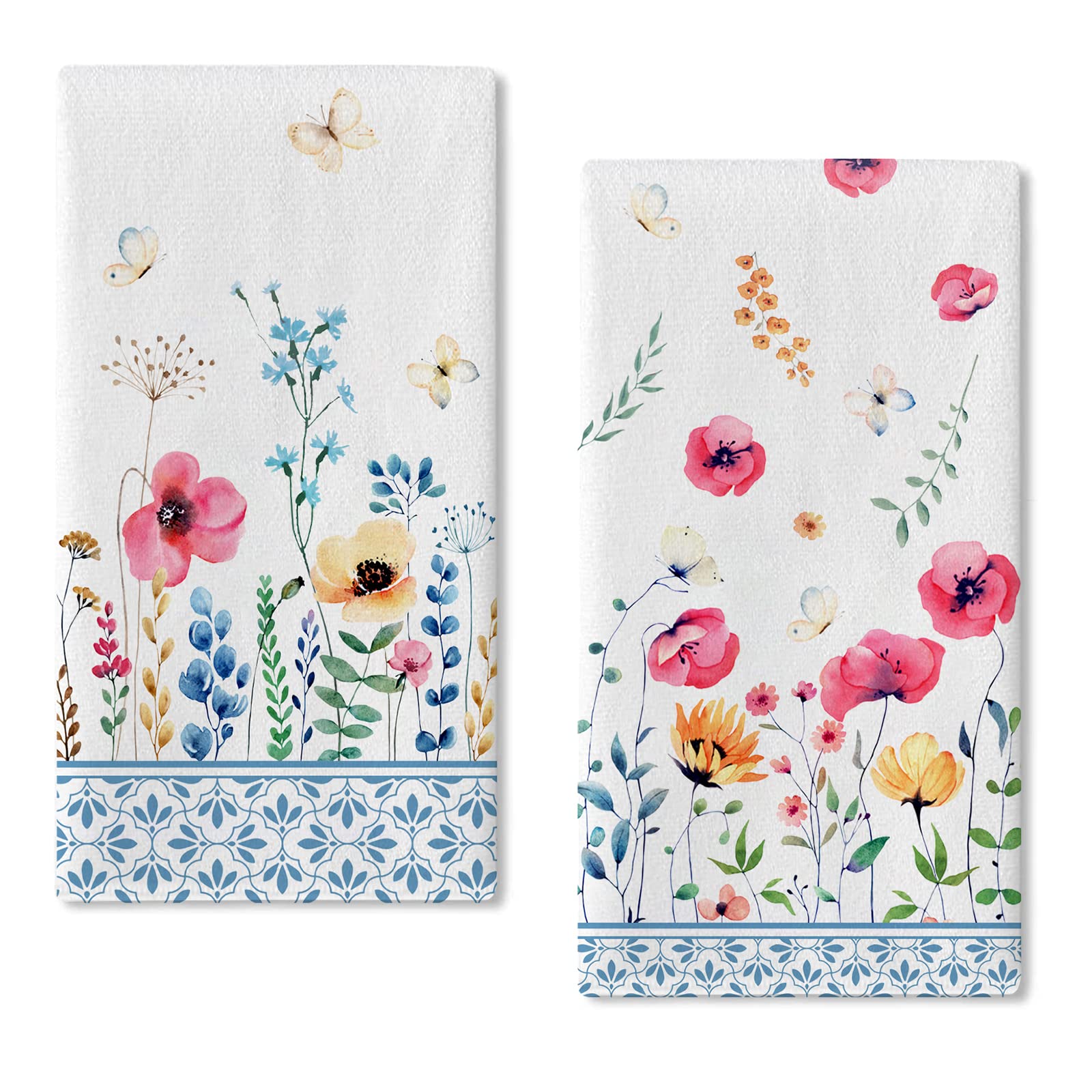 Seliem Spring Floral Flowers Kitchen Dish Towel Set of 2, Butterfly Hand Towel Drying Baking Cooking Cloth, Watercolor Summer Seasonal Kitchen Decor 18x26 Inches