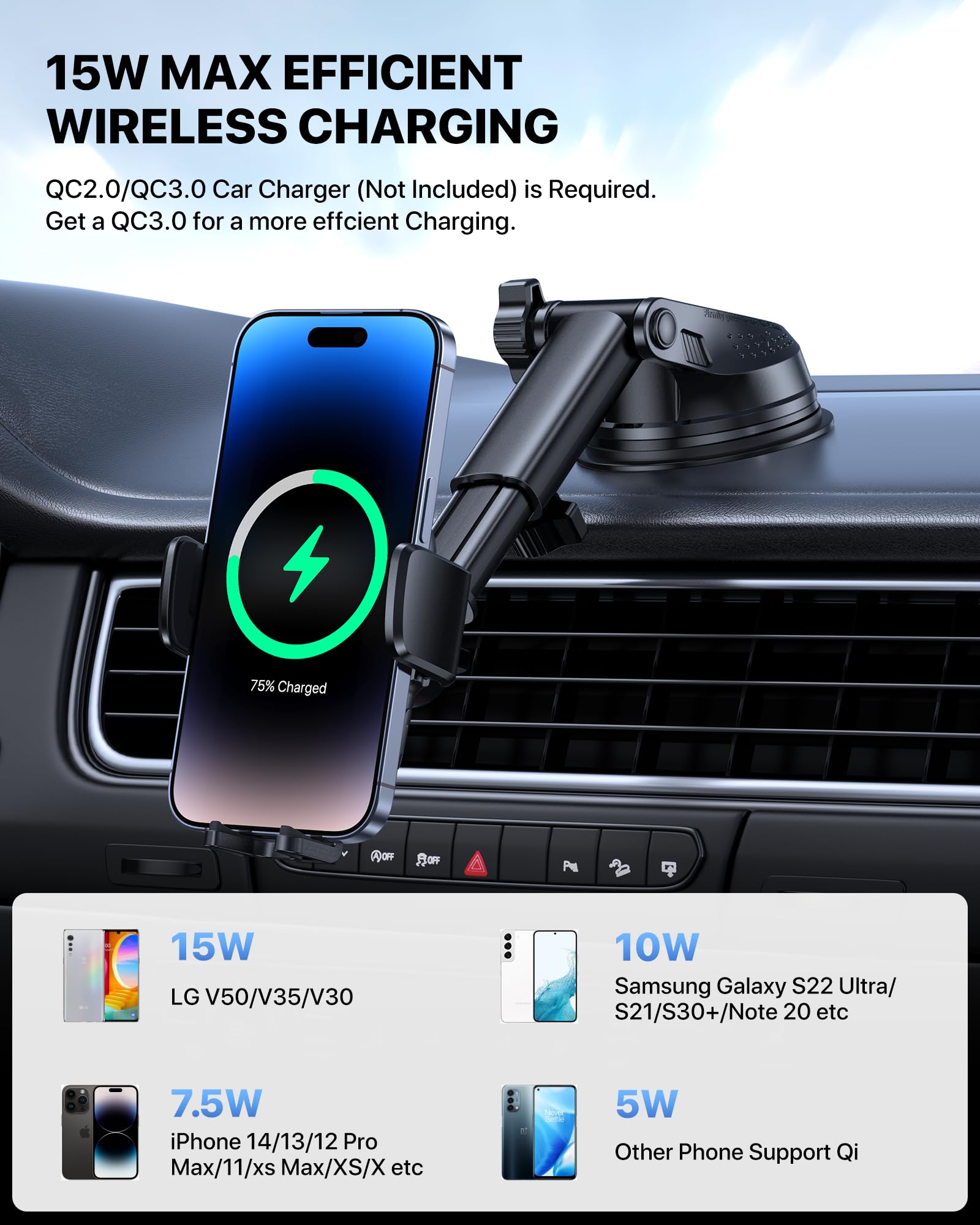 Puretor 2in1 Wireless Car Charger, 15W Qi-Enabled Fast Charging Car Phone Holder, Wireless Charger for iPhone 14 13 12 Pro Max, Samsung Glaxy S21, S20, S10+, S9+, etc