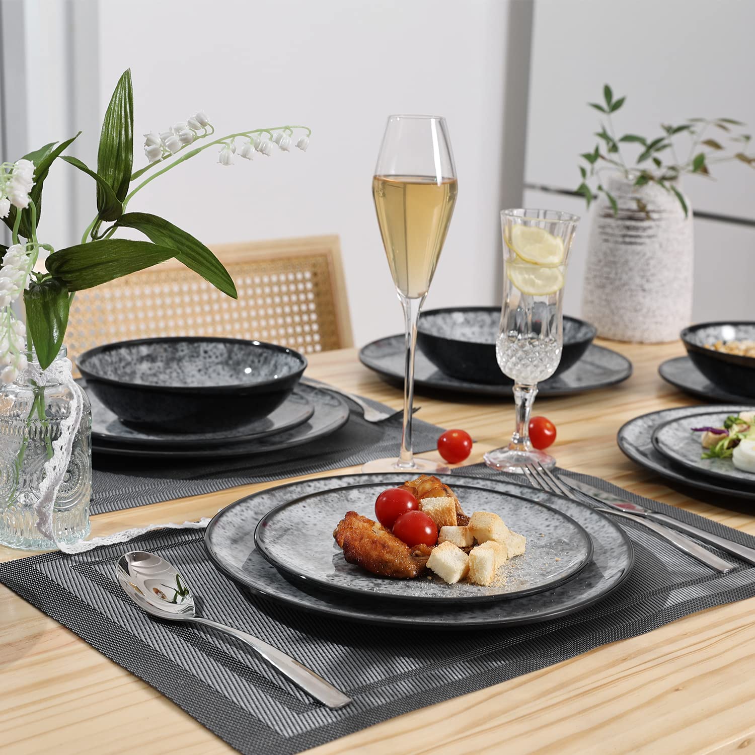 Melamine Dinnerware Set of 12 Pcs-Melamine Plates and Bowls Set for Indoor and Outdoor Use, BPA Free Dishwasher Safe, Lightweight Unbreakable(Glazed Grey)