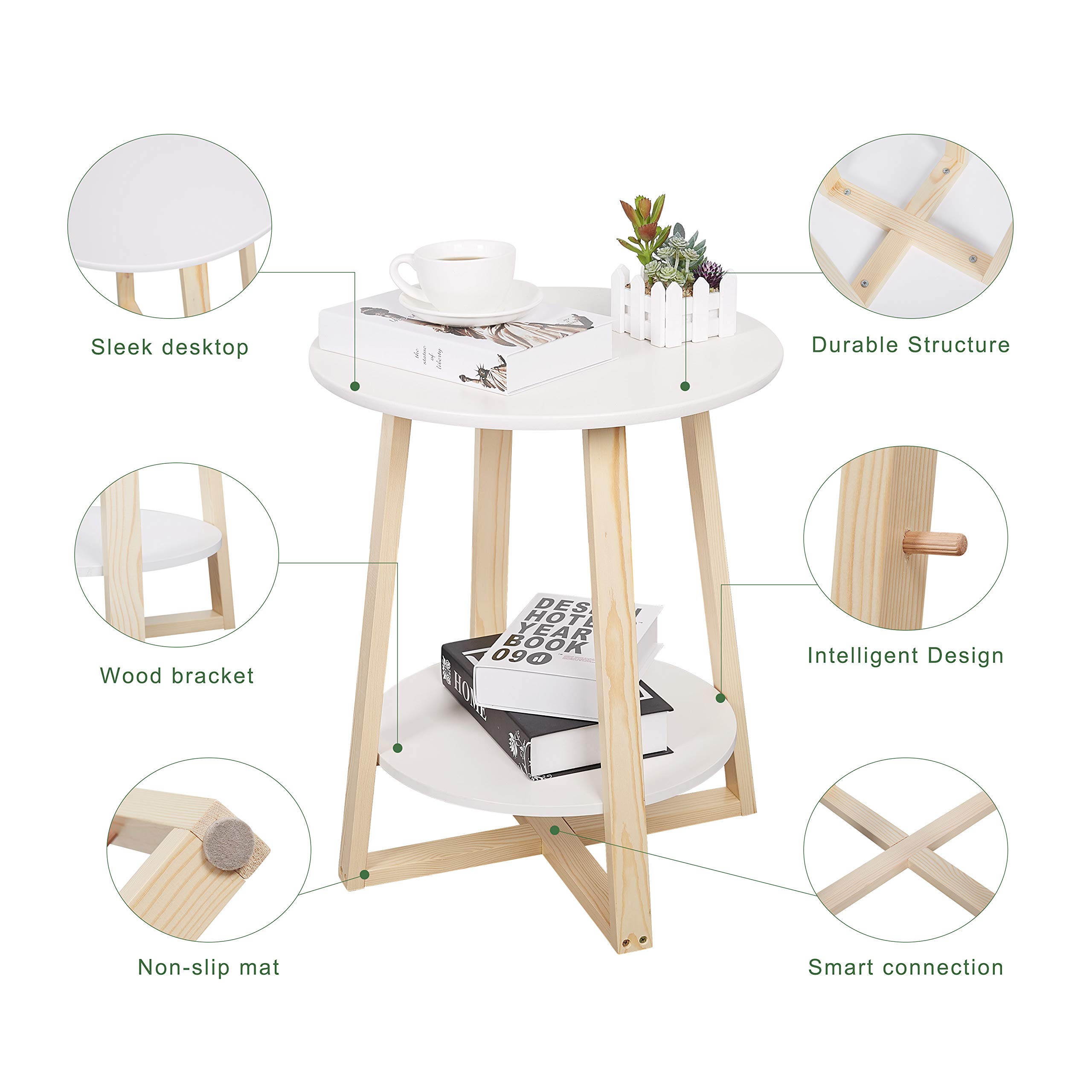 NXN-HOME Round Sofa Side End Table with 2-Tier Storage, White Sofa Small Side Table for Home Office Living Room Bedroom Furniture, MDF Desktop, Durable Solid Wood Bracket