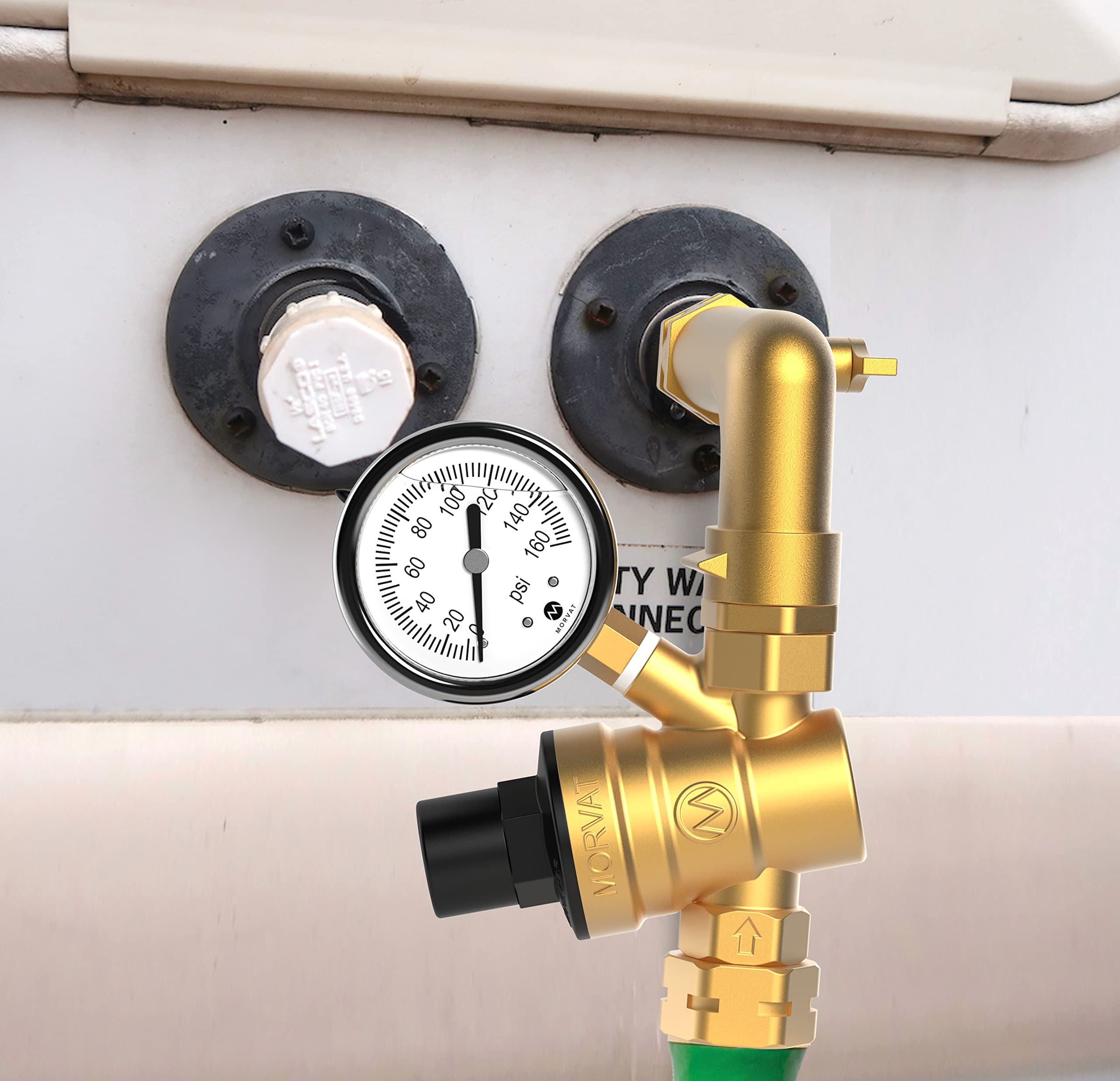 Morvat Premium Lead-Free Brass RV Water Pressure Regulator Adjustable Valve with Oil Filled Gauge for Camper, Includes Screwdriver, Roll Of Teflon Tape & 2 Extra Rubber Washers