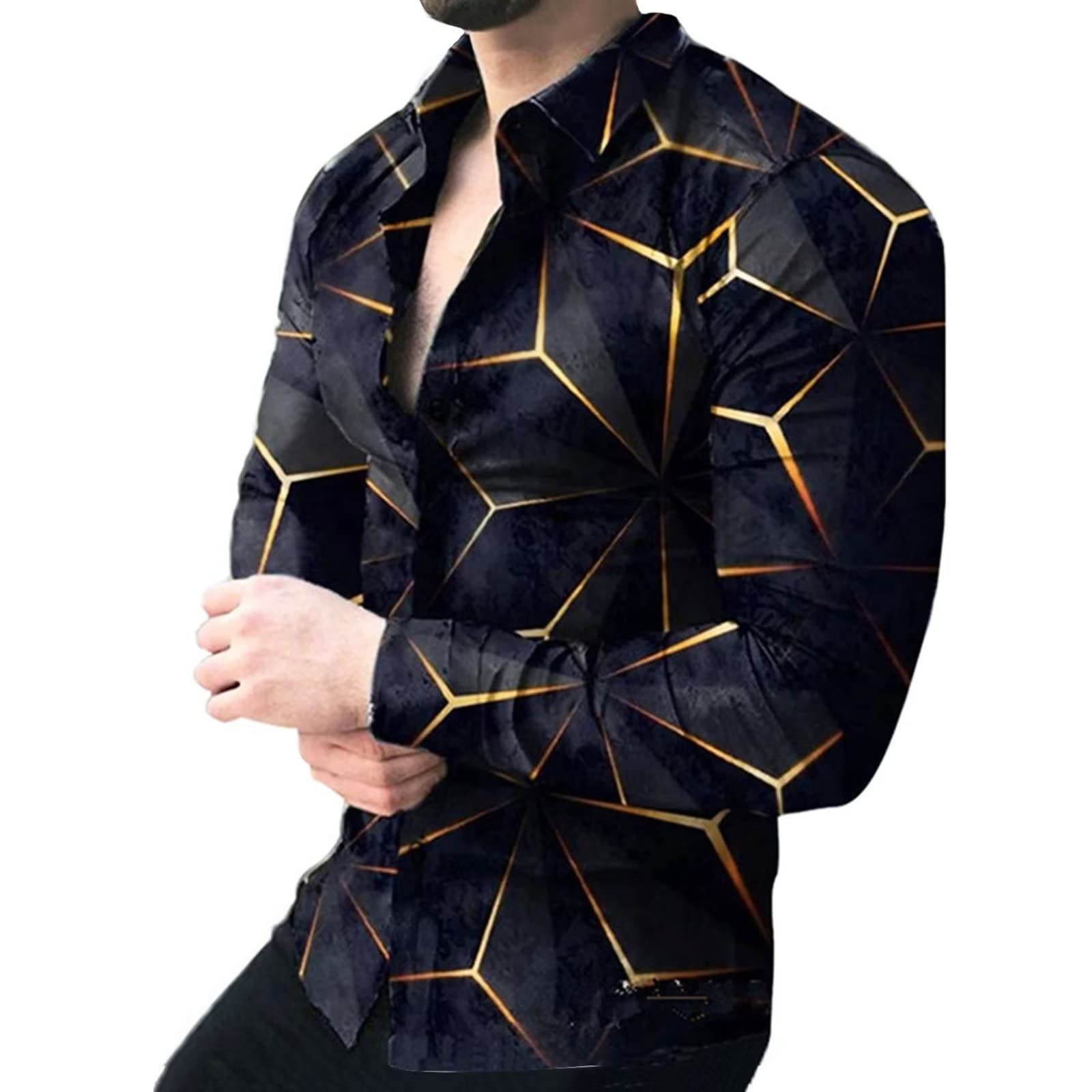 Men's Stylish Dress Shirts Pattern Printed Shirts Long Sleeve Button Down Shirts 2XL
