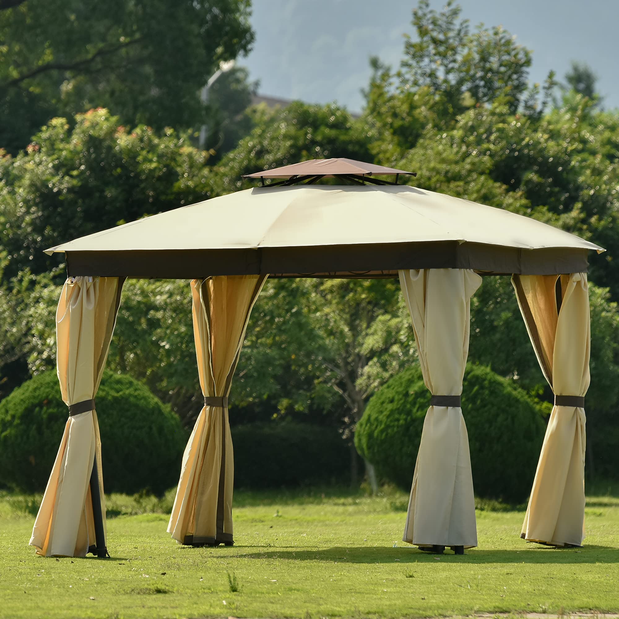 Merax Round Hardtop Gazebo with Removable Curtains, Outdoor Double Roof Canopy Shelter for Patio Garden Backyard Beige