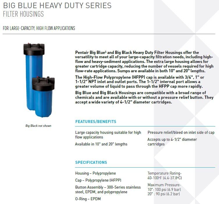 Pentair Pentek 150239 Big Blue Filter Housing, 1 1/2" NPT #10 Whole House Heavy Duty Water Filter Housing with High-Flow Polypropylene (HFPP) Cap and Pressure Relief Button, 10-Inch, Black/Blue