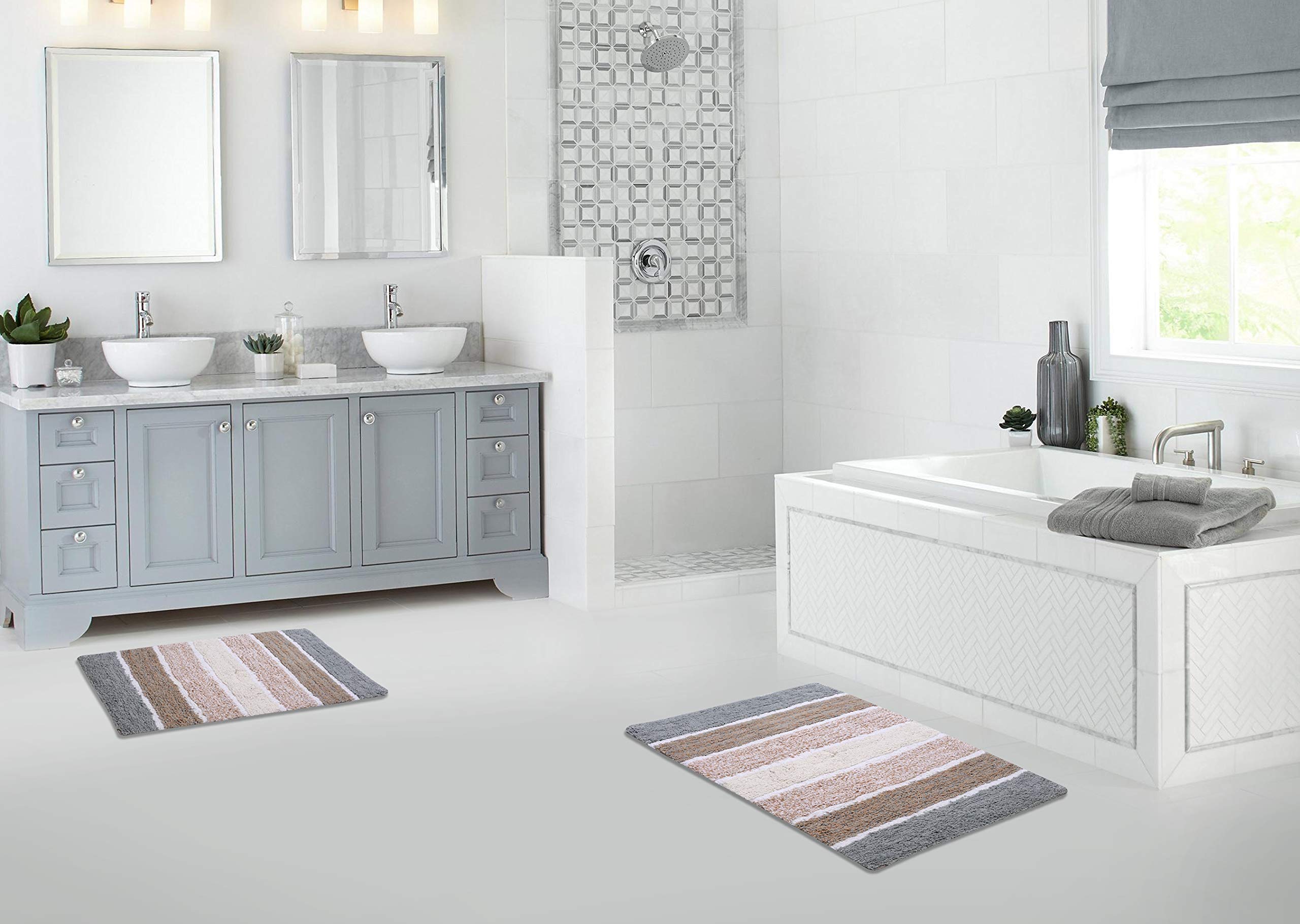 Quilted Stripe Luxury Bath Rug Set of 2, Mat Set, Soft Plush Anti-Skid Shower Rug +Toilet Mat.Quilted Rugs, Super Absorbent mats, Machine Washable Bath Mat,Size 21x32-17x24 Spa Grey-Beige