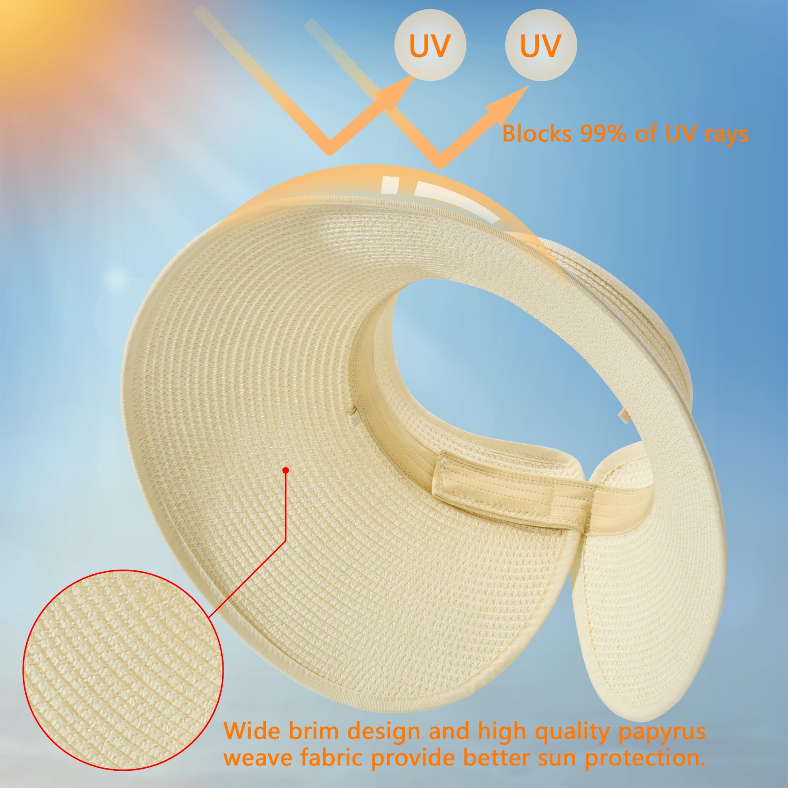 VIFUUR Sun Straw Hats Roll-up Ponytail Wide Brim Summer Visor for Womens Beach Hat Packable UPF UV Travel Brown