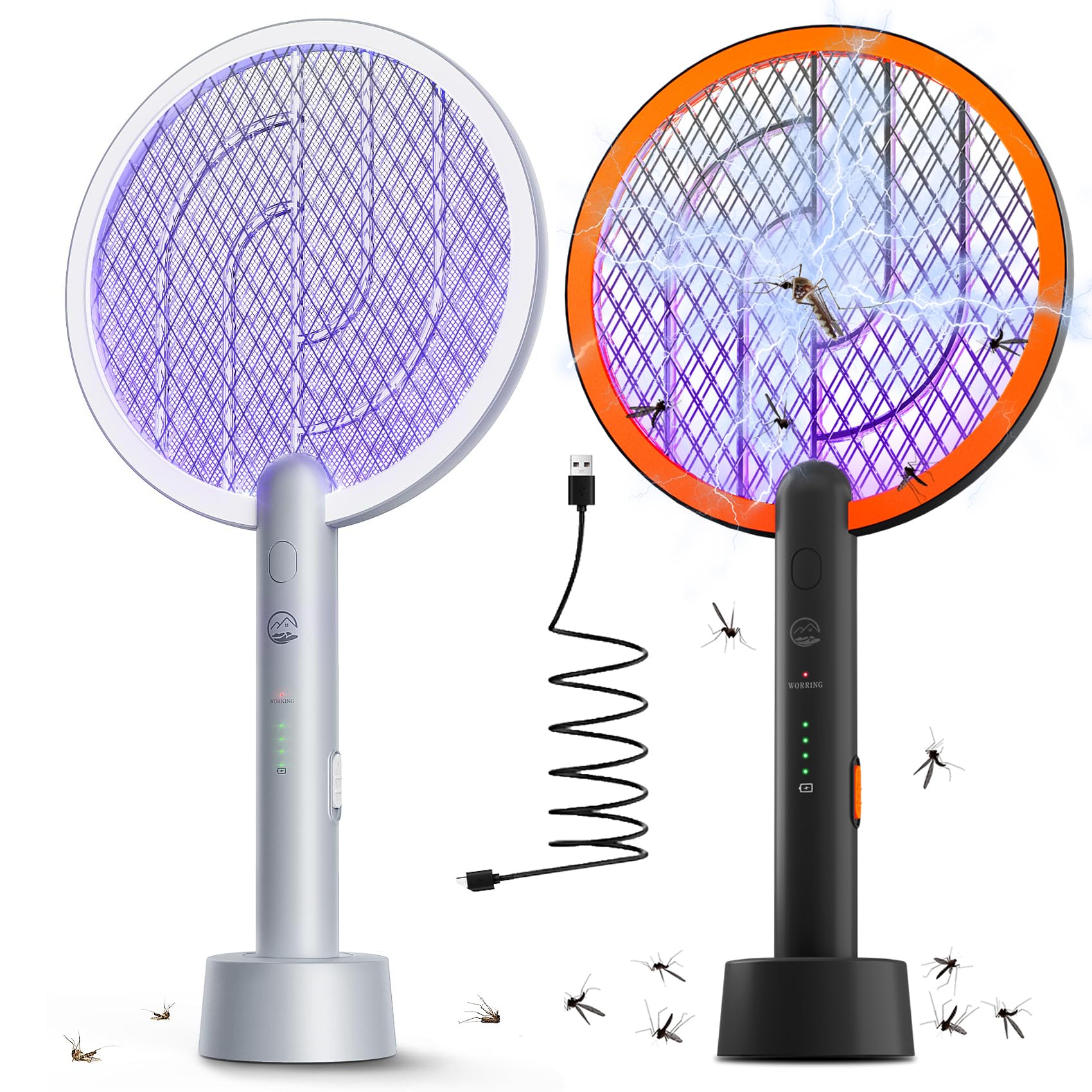 Mosiller Electric Fly Swatter Racket, 2 in 1 Rechargeable Bug Zapper with 3 Layer Protection, USB Charging Fly Zapper & 4000 Volt Purple Light Mosquito Swatter for Indoor and Outdoor