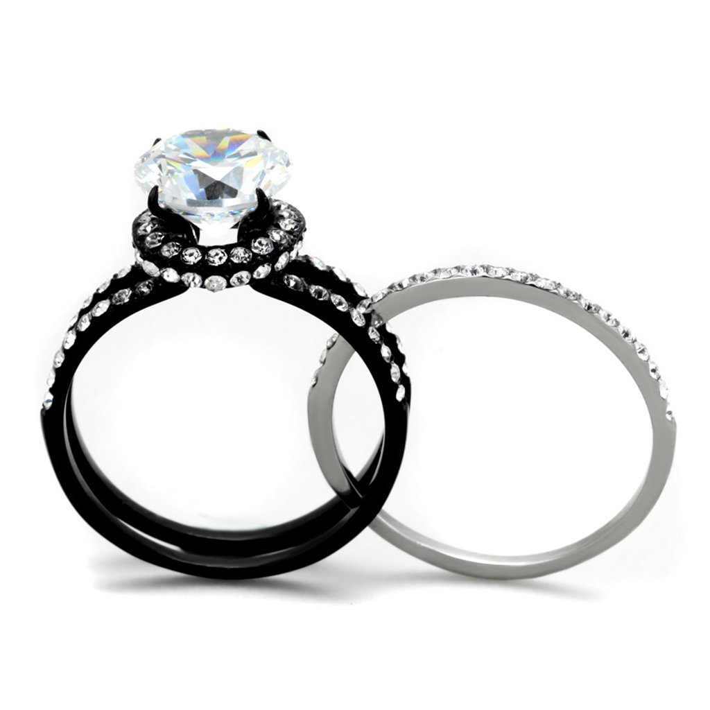 Marimor Jewelry His Hers 3 Piece Black Stainless Steel and Titanium Wedding Engagement Ring Band Set Size Women's 05 Men's 12