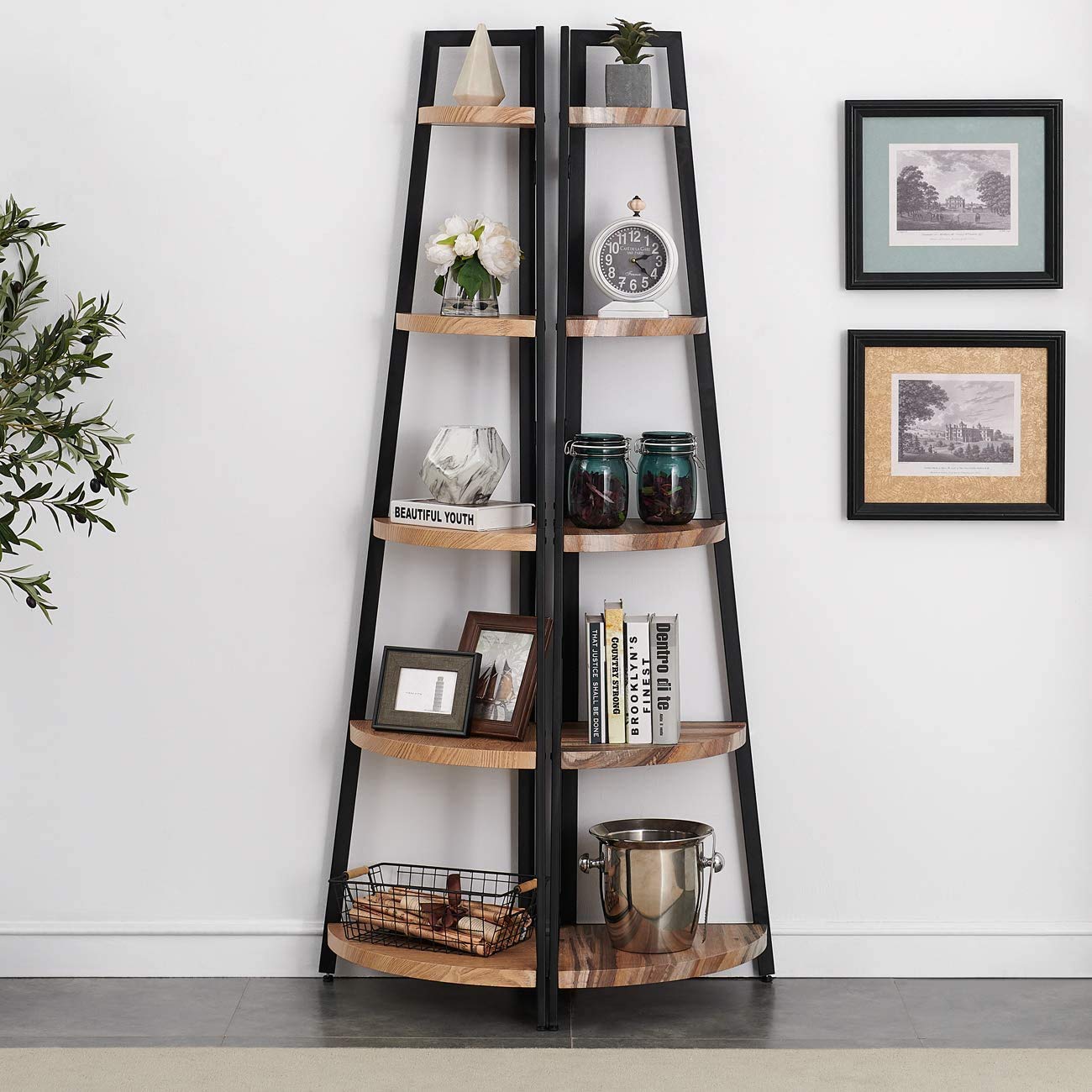 O&K FURNITURE 5 Shelf Industrial Corner Bookcase and Shelf, A-Shaped Display Corner Storage Rack Bookshelf-70-Inch, Oak Finish
