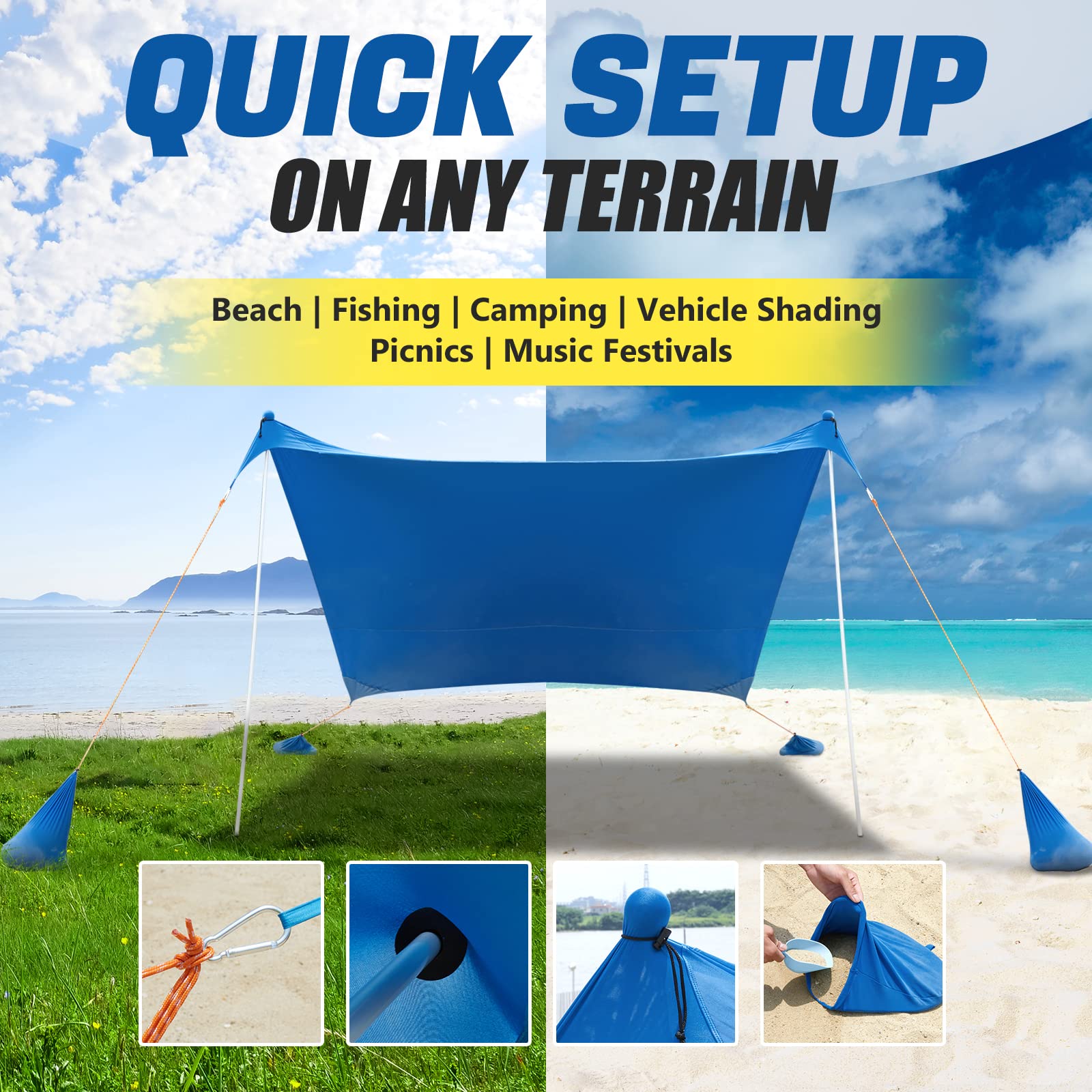 RUNBOW Beach Shade Canopy, Pop Up Sun Shade Tent with 2 Aluminum Poles, 8 X 8FT Portable Sun Shelter for Beach, Camping Trips, Fishing, Backyard or Picnics