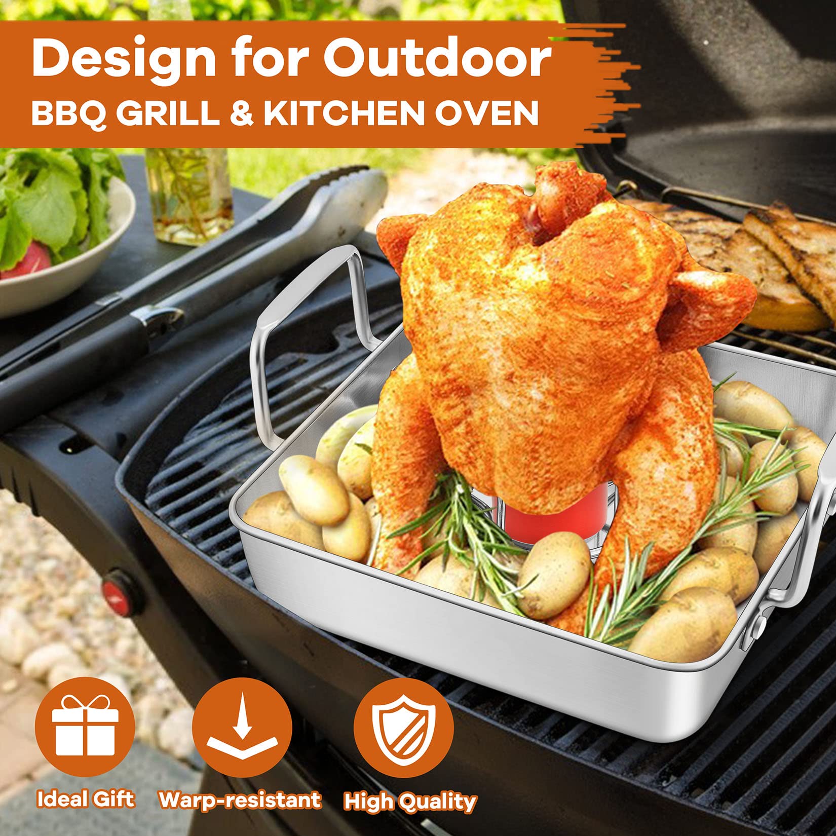 Square Roasting Pan with Beer Can Chicken Holder, Joyfair 9-in Stainless Steel Roaster Baking Pans & Racks for BBQ Grilling/Home Cooking, Heavy Duty & Dishwasher Safe - (2 Pans + 2 Racks, More Tools)