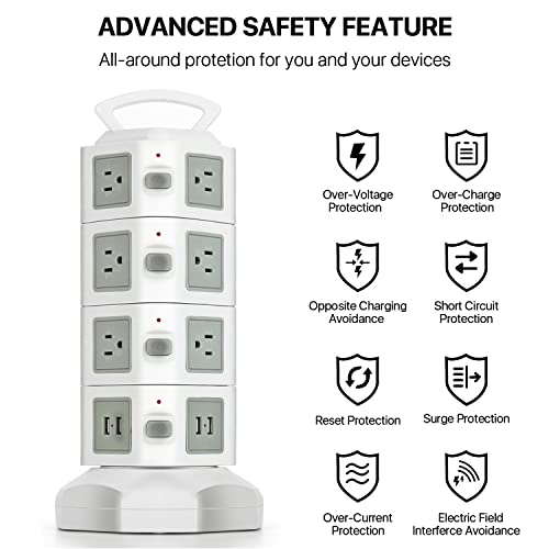 TNP Power Strip Tower Surge Protector - Tower Power Strip with 14 AC Outlets & 4 USB Ports - 2500W/10A - 6ft Cord - USB Plug Tower for Home, Office, Bedroom, Work Desk