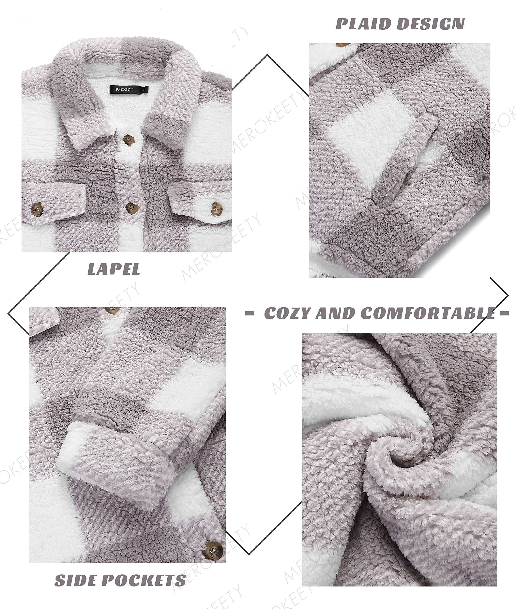 MEROKEETY Womens Plaid Fuzzy Sherpa Jacket Winter Warm Lapel Fleece Casual Outwear Coat with Pockets, Grey, M