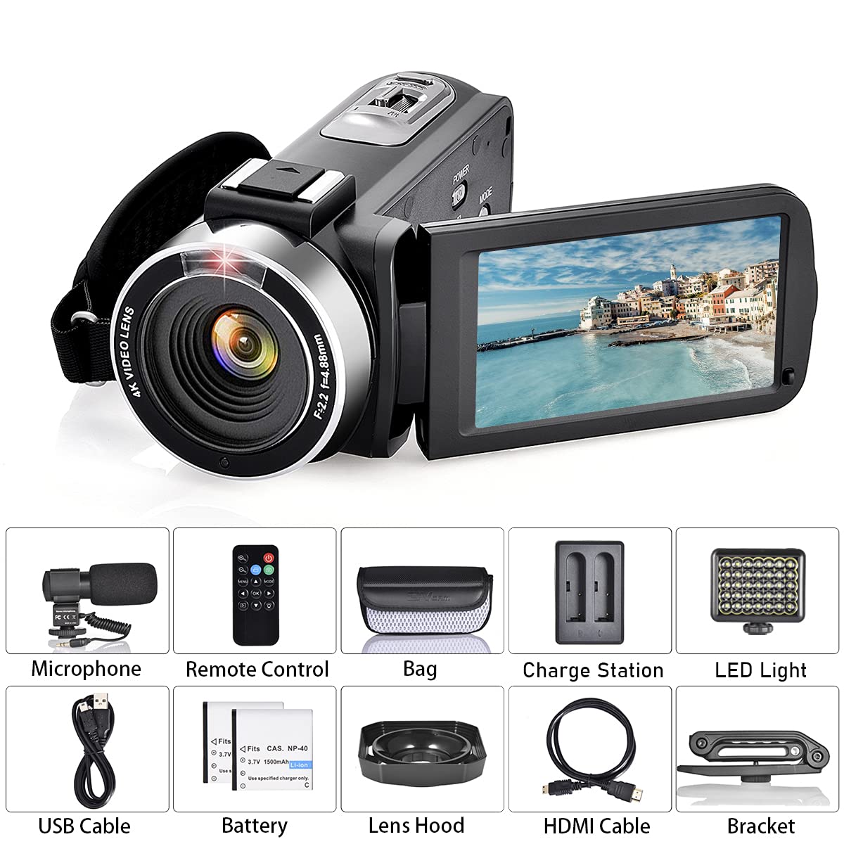 OIEXI 4K Camera for YouTube Videos HD Camcorder with LED Light Digital Vlog Camera with 16X Digital Zoom and Night Vision, Video Recorder with Microphone,(Red,2 Batteries Included)