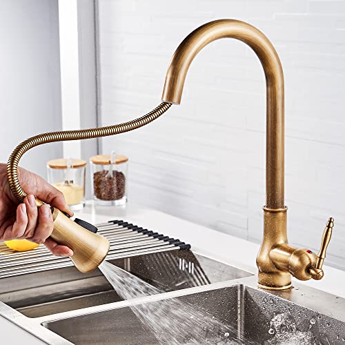 Vintage Brass Antique Bronze Kitchen Faucet Single Hole Copper Mixer Taps with Pull Down Sprayer (Stream,Spray,Powerful aquablade) (3 Functions Sprayer)