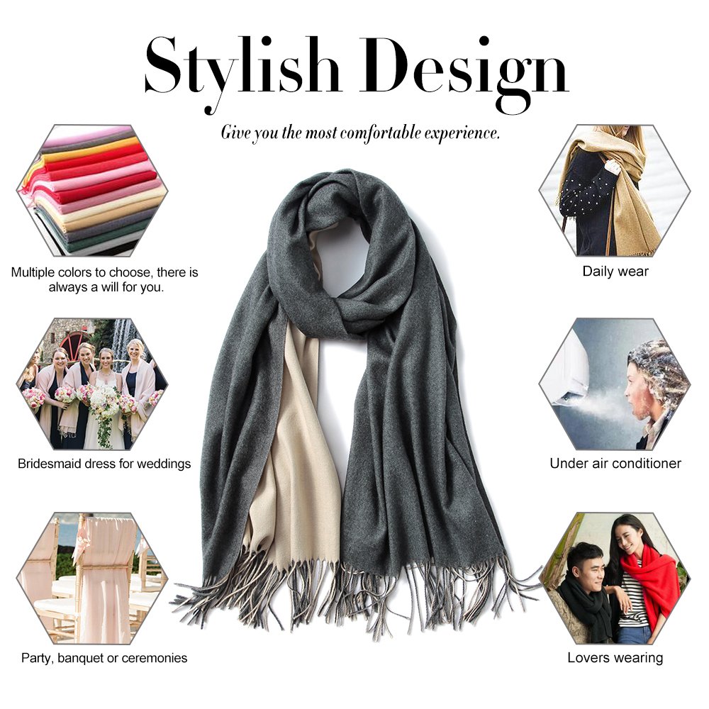 maamgic Women's Scarf Pashmina Shawls and Wraps for Evening Dresses Travel Office Winter Wedding Cashmere Feel Long Reversible Scarves Dark Grey and Cream