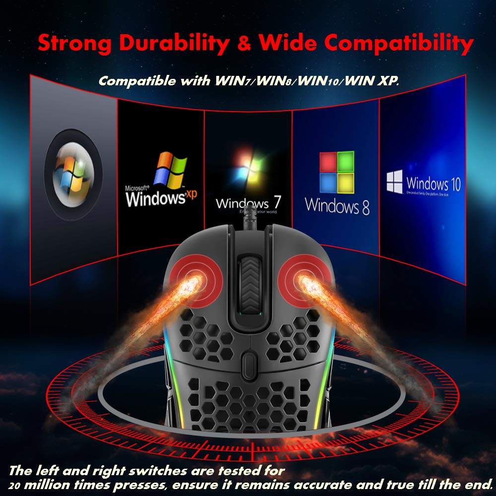 MARVO PC USB Wired Gaming Mouse-Lightweight Honeycomb Shell w/ Multicolored Backlit-Ultralight Weave Cable (Black)