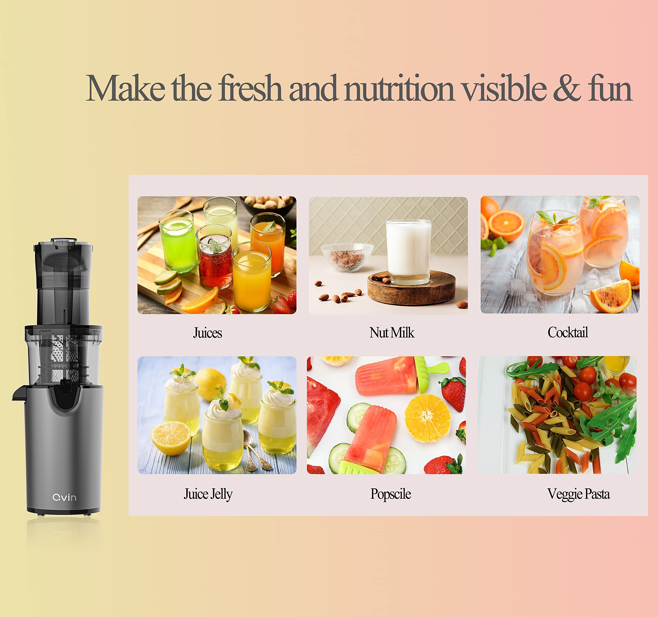 Qvin Compact Slow Masticating Juicer machines 3inch Large Feed Chute, Easy to Clean, BPA Free, 200W Nutritional electrical Cold Press Juicer machine vegetable and fruit,Deluxe Silver-gray