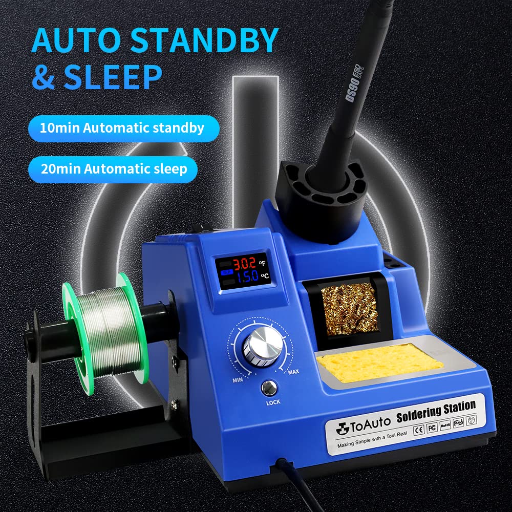 TOAUTO DS90 Soldering Station-°F & °C Dual Digital Display Soldering Iron Station Kit,90W Soldering Iron,302℉- 842℉ Temperature, Anti-Static & Grounding Wire, Auto Standby & Sleep,5 Solder Tips, Blue