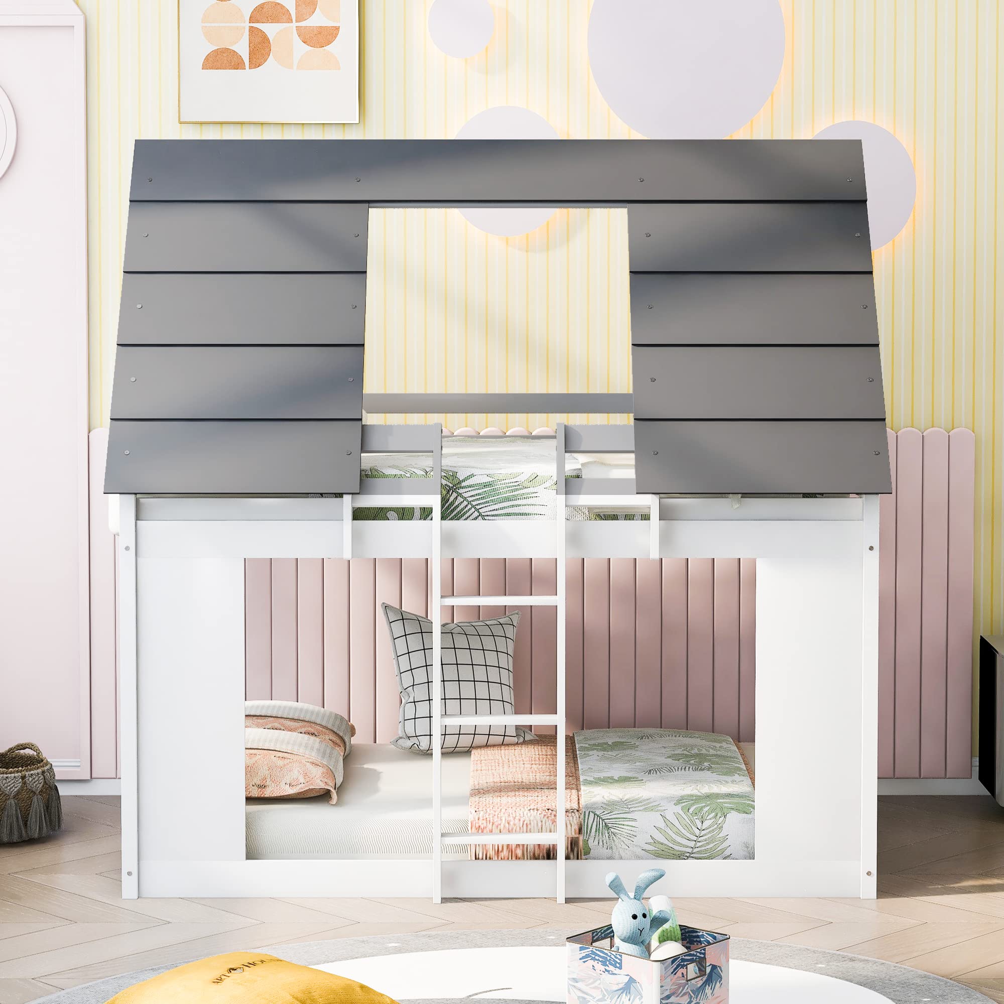 LZ LEISURE ZONE Twin Loft Bed, Low Loft Bed Twin Size, Wood Twin House Bunk Bed with Roof and Built-in Ladder, No Box Spring Needed, White+Gray