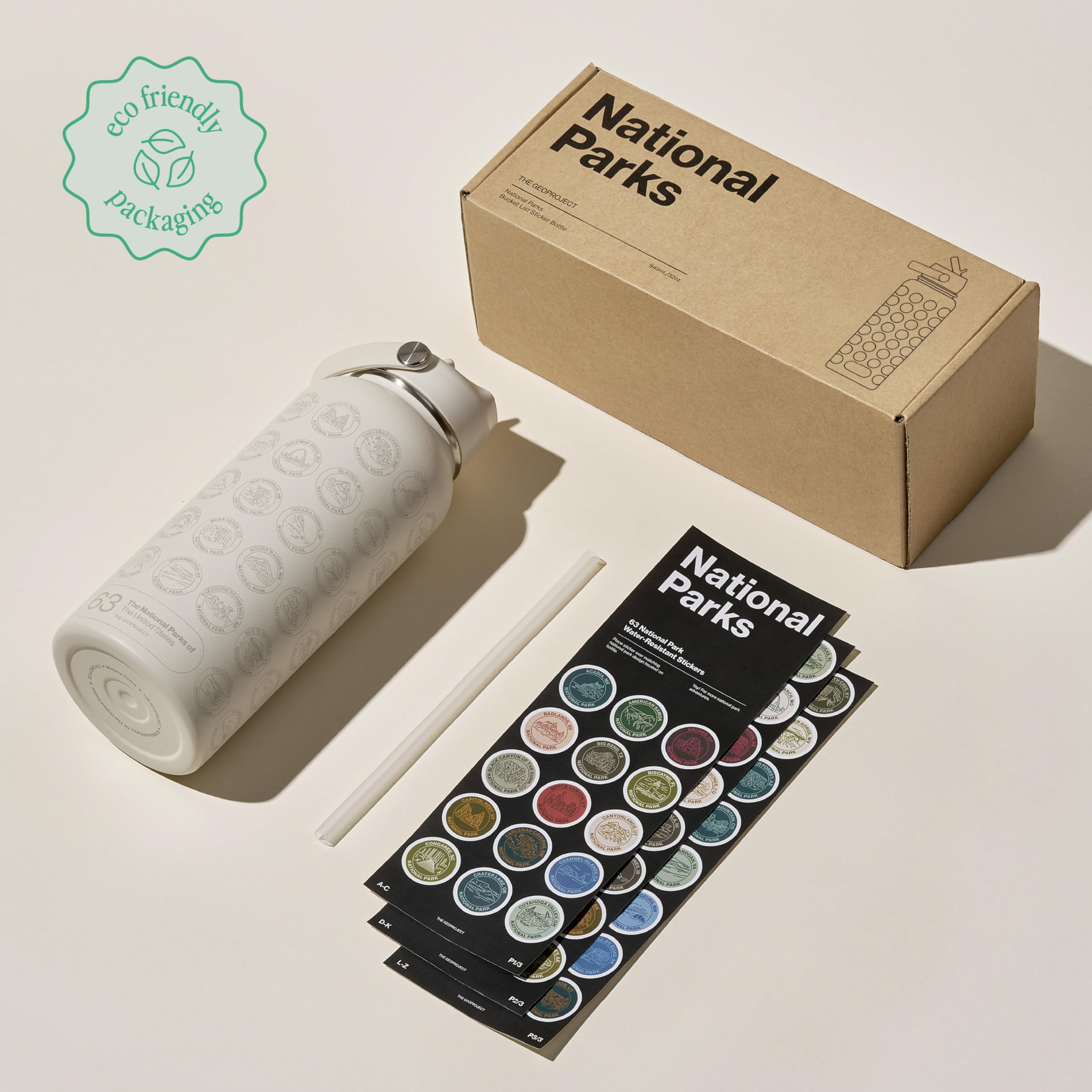 National Parks Water Bottle with Stickers Kit, Adventure Flask with Straw, Waterproof Stickers for Water Bottle, Insulated Stainless Steel 32oz (Tan)
