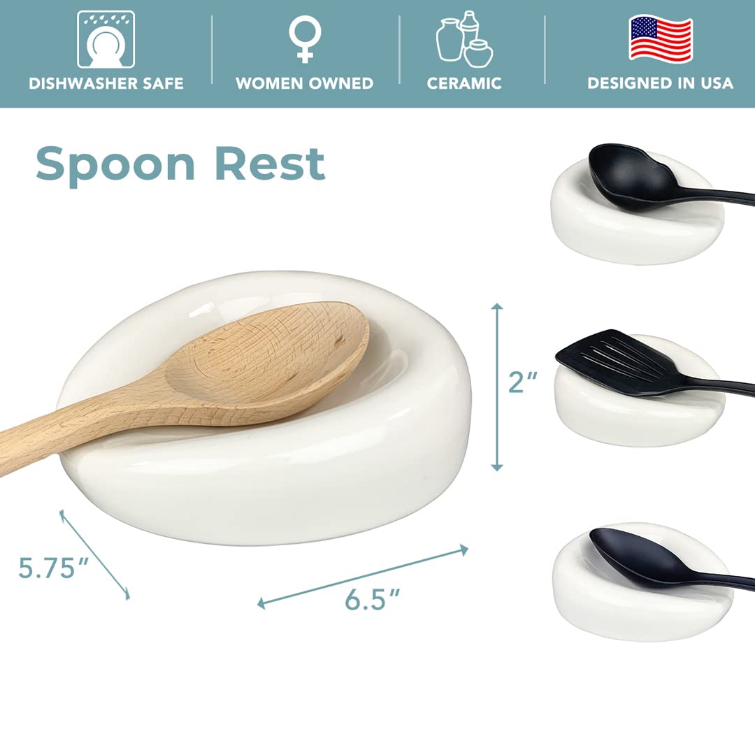 Scarlettwares Ceramic Spoon Rest for Stove Top, Large Spoon Holder For Counter Top, Utensil Spatula Tong Holder, Farmhouse Dishwasher Safe White