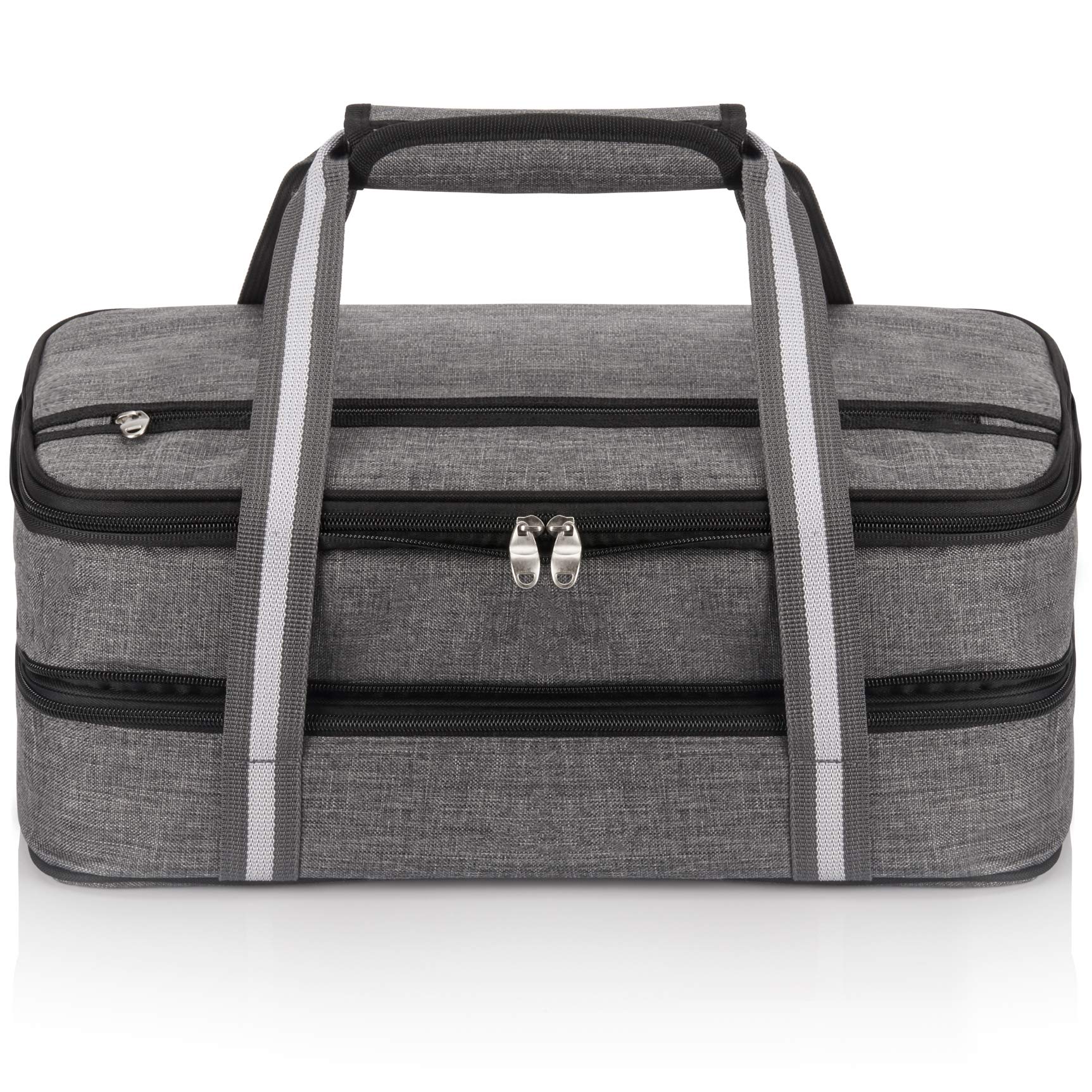 Stack Store Plus More Insulated Casserole Carrier for Hot or Cold Food, Lasagna Holder for Picnic, Potluck, Cookout - Fits 9” x 13” and 11” x 15” Baking Dish – Expandable Double Thermal Bag in Gray