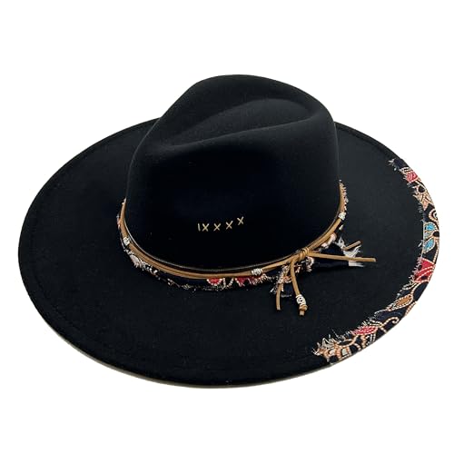 Wotfim Big Wide Brim Fedora Hat for Women Man Felt Panama Hat with Band Western Outdoor hat-Black