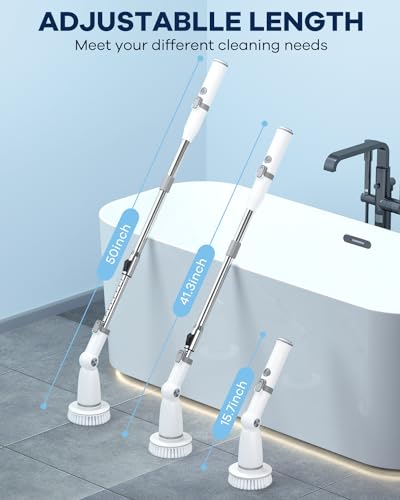 MABOGU Electric Spin Scrubber, Cordless Shower Scrubber with 8 Replaceable Brush Heads, Bathroom Scrubber Electric Dual Speeds, Shower Cleaning Brush with Extension Arm for Tub Tile Floor(Grey&White)