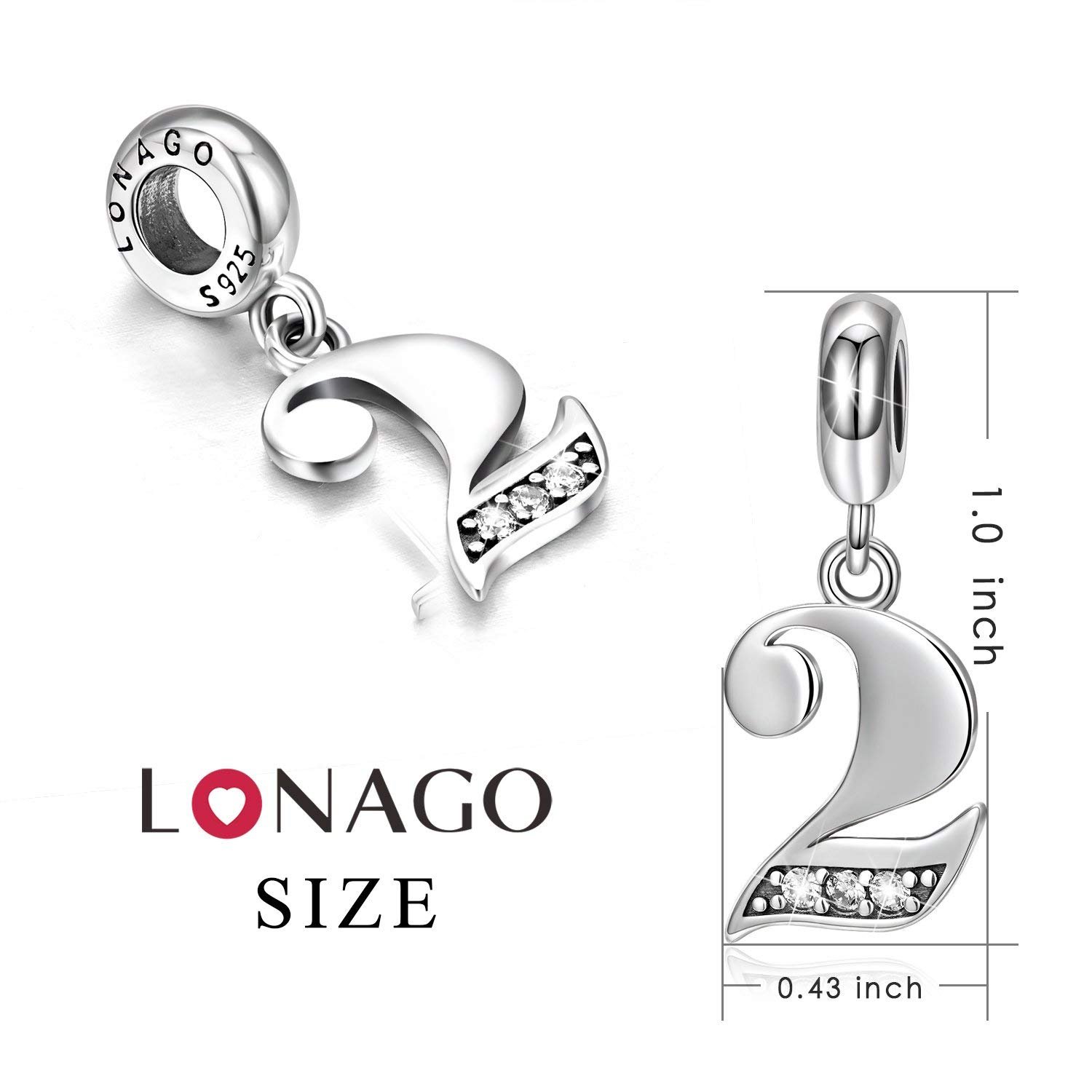 LONAGO Lucky Number 0-9 Charms 925 Sterling Silver Number Bead (Number 9)